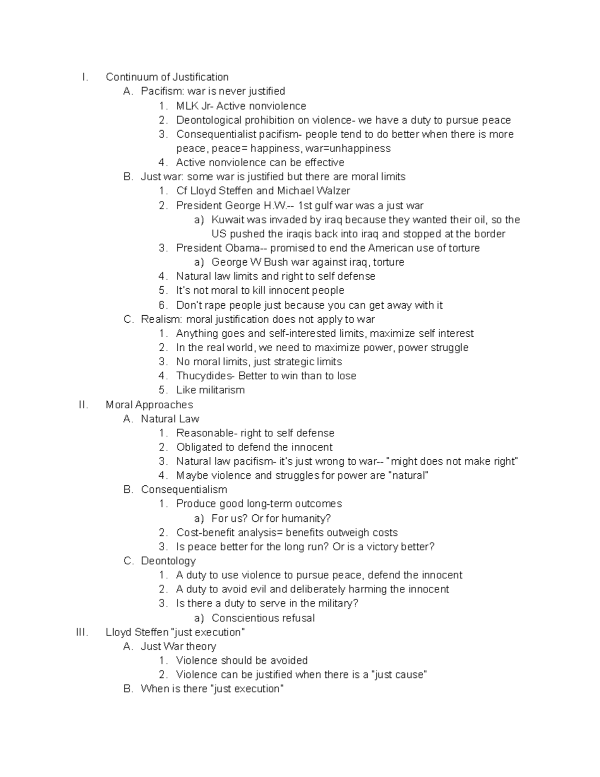 Ch 19 Violence War Peace - I. II. III. Continuum of Justification A ...