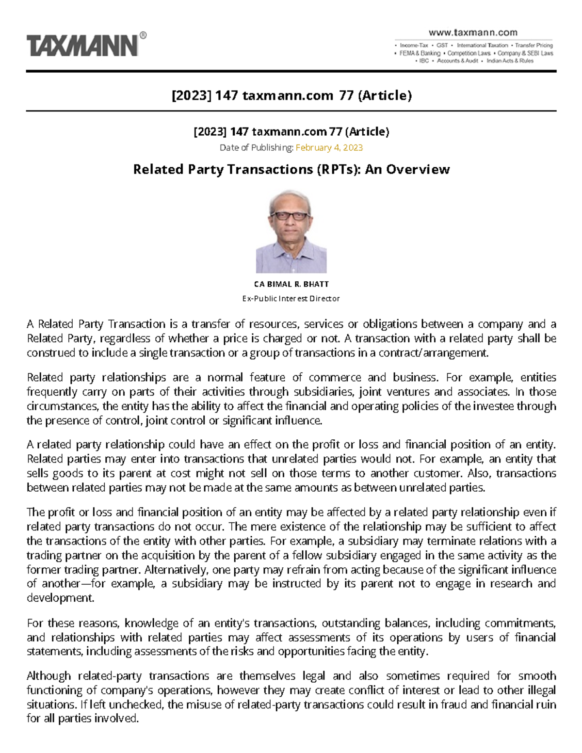 2023 147 taxmann com 77 Article Related Party Transactions RPTs An Overview - [2023] 147 taxmann ...