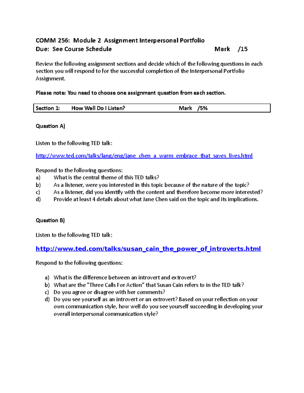 Module 2 Assignment Interpersonal - COMM 256: Module 2 Assignment ...