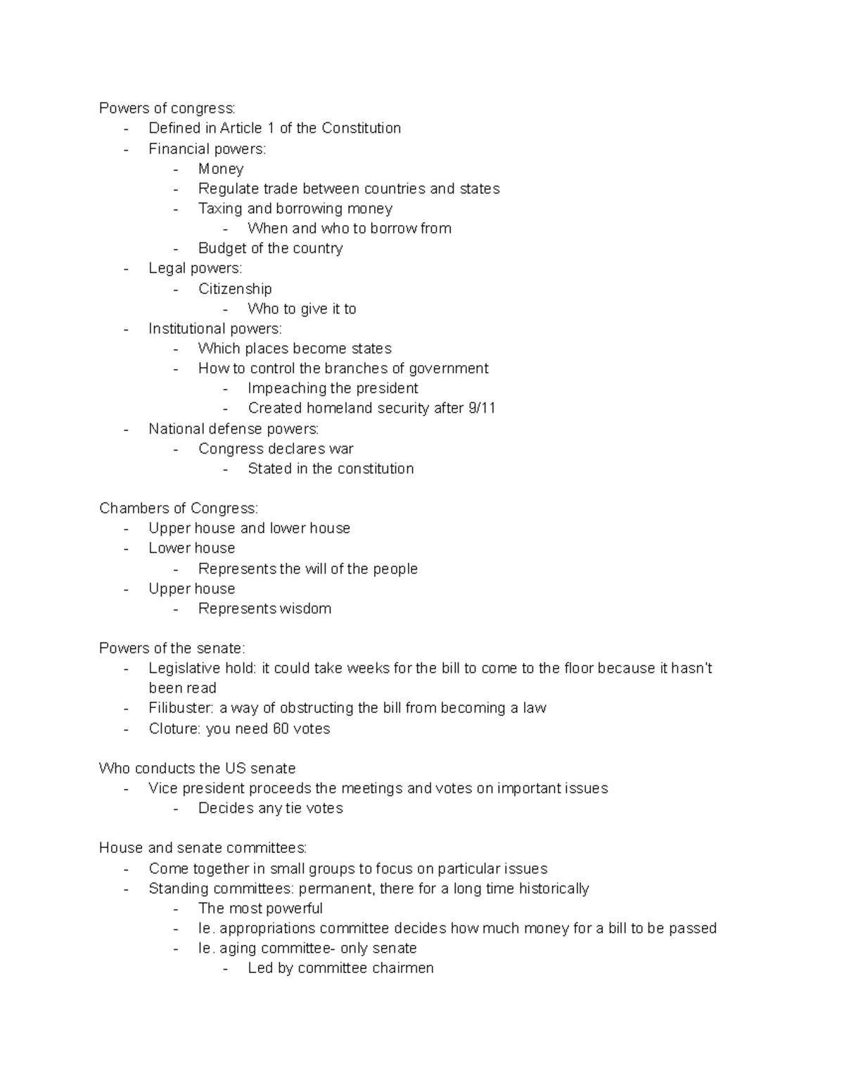 US Congress Lecture Notes - Powers of congress: - Defined in Article 1 ...