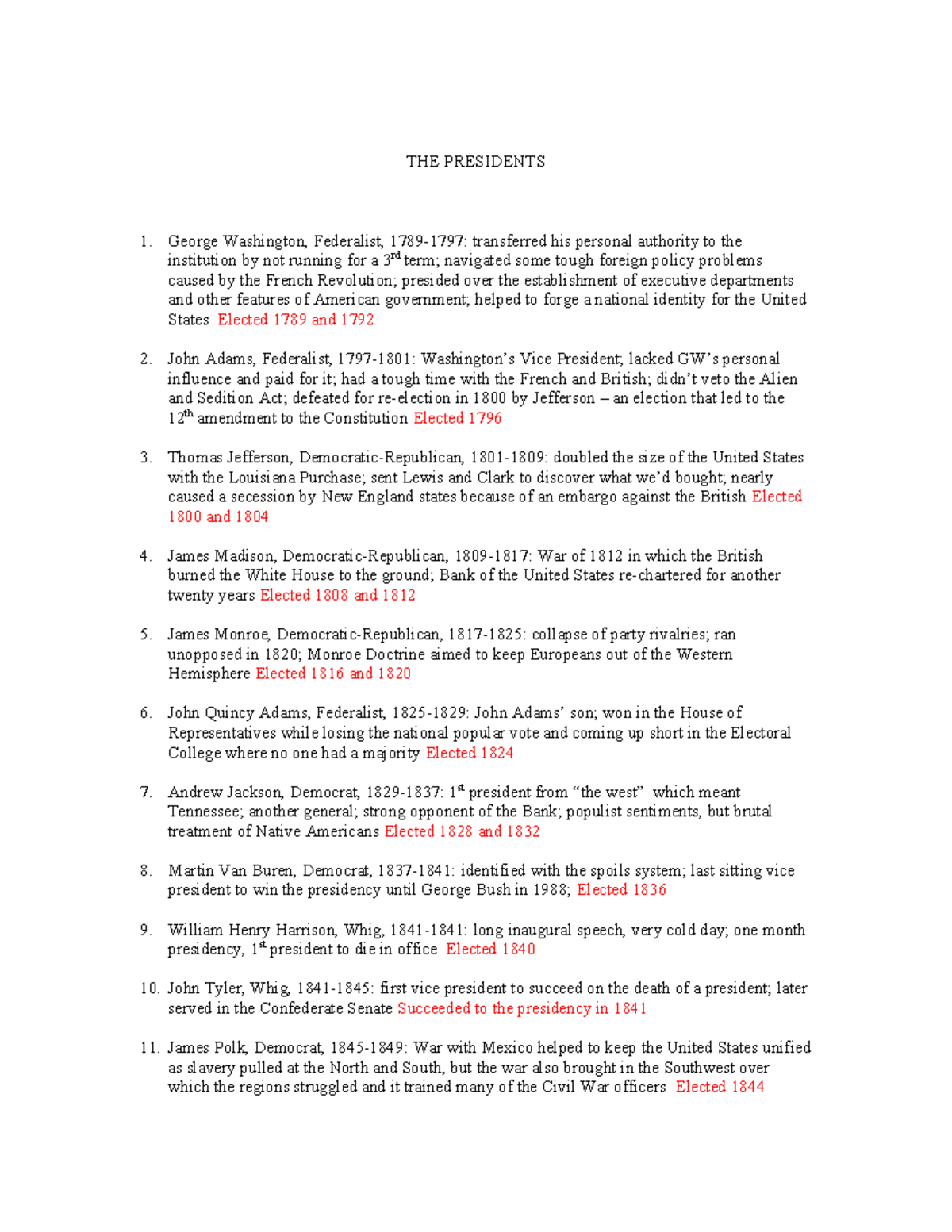 Presidents of the USA - THE PRESIDENTS George Washington, Federalist ...