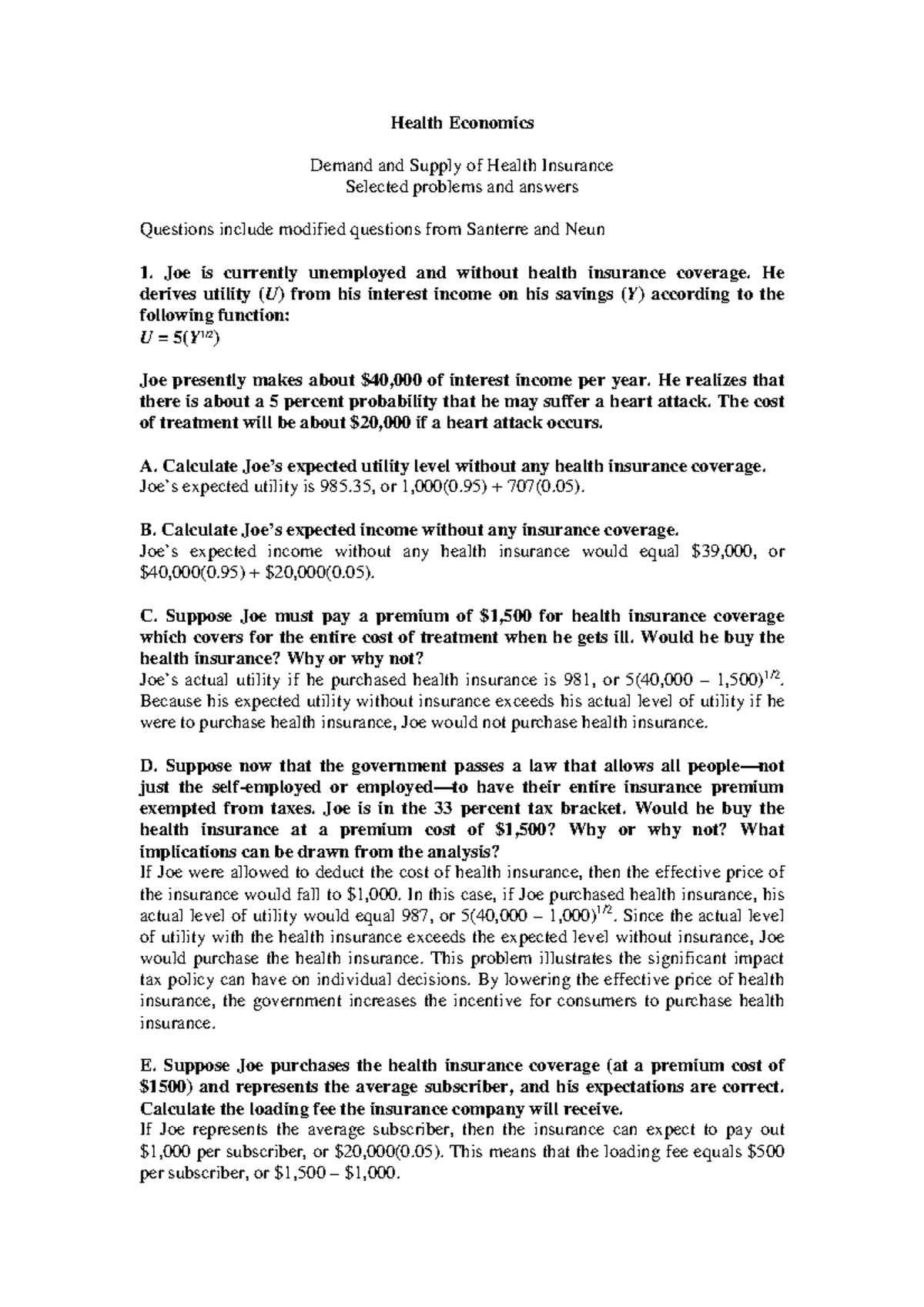 Chapter 8 Answers - Health Economics Demand and Supply of Health ...