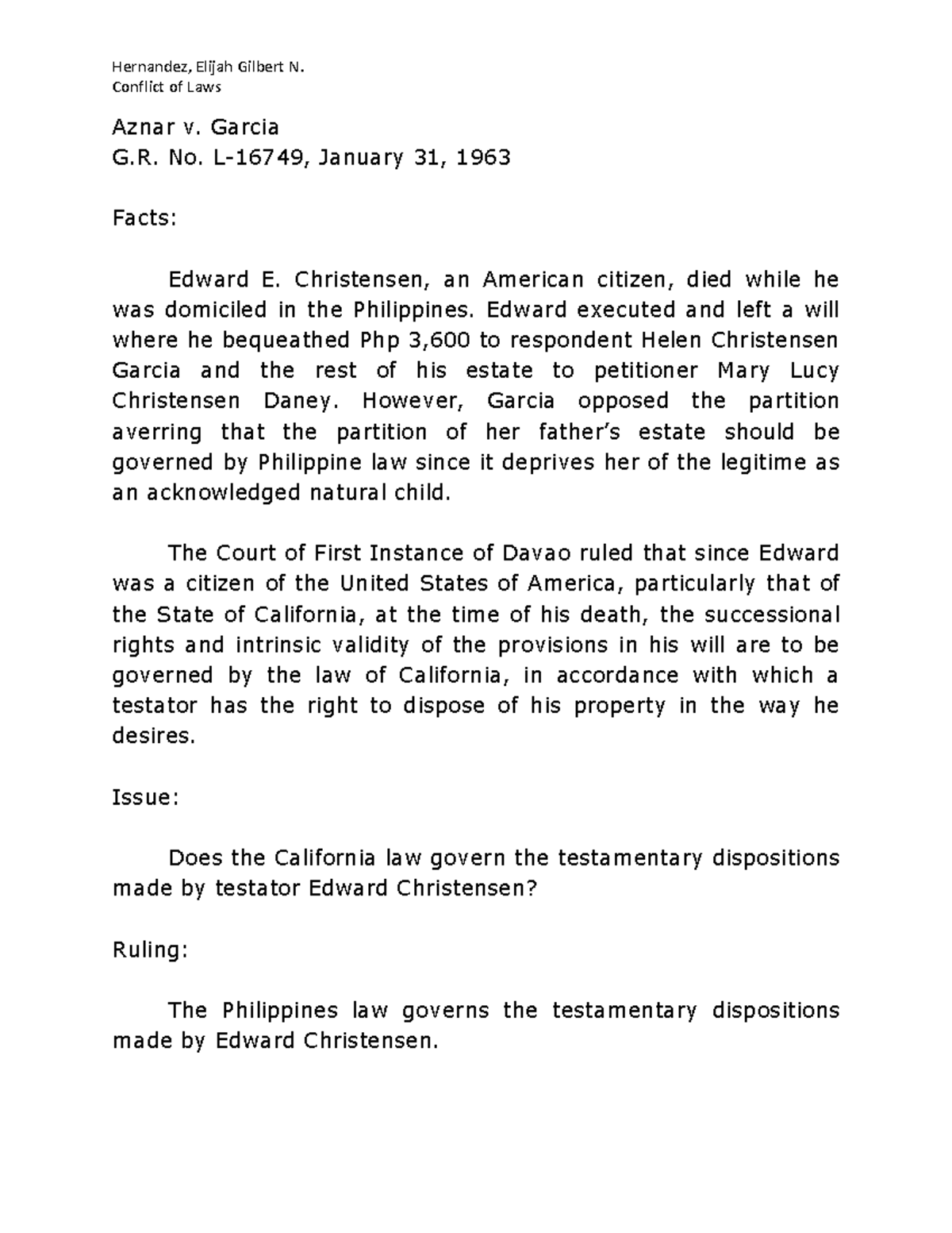 Aznar v. Garcia - Case Law - Hernandez, Elijah Gilbert N. Conflict of ...