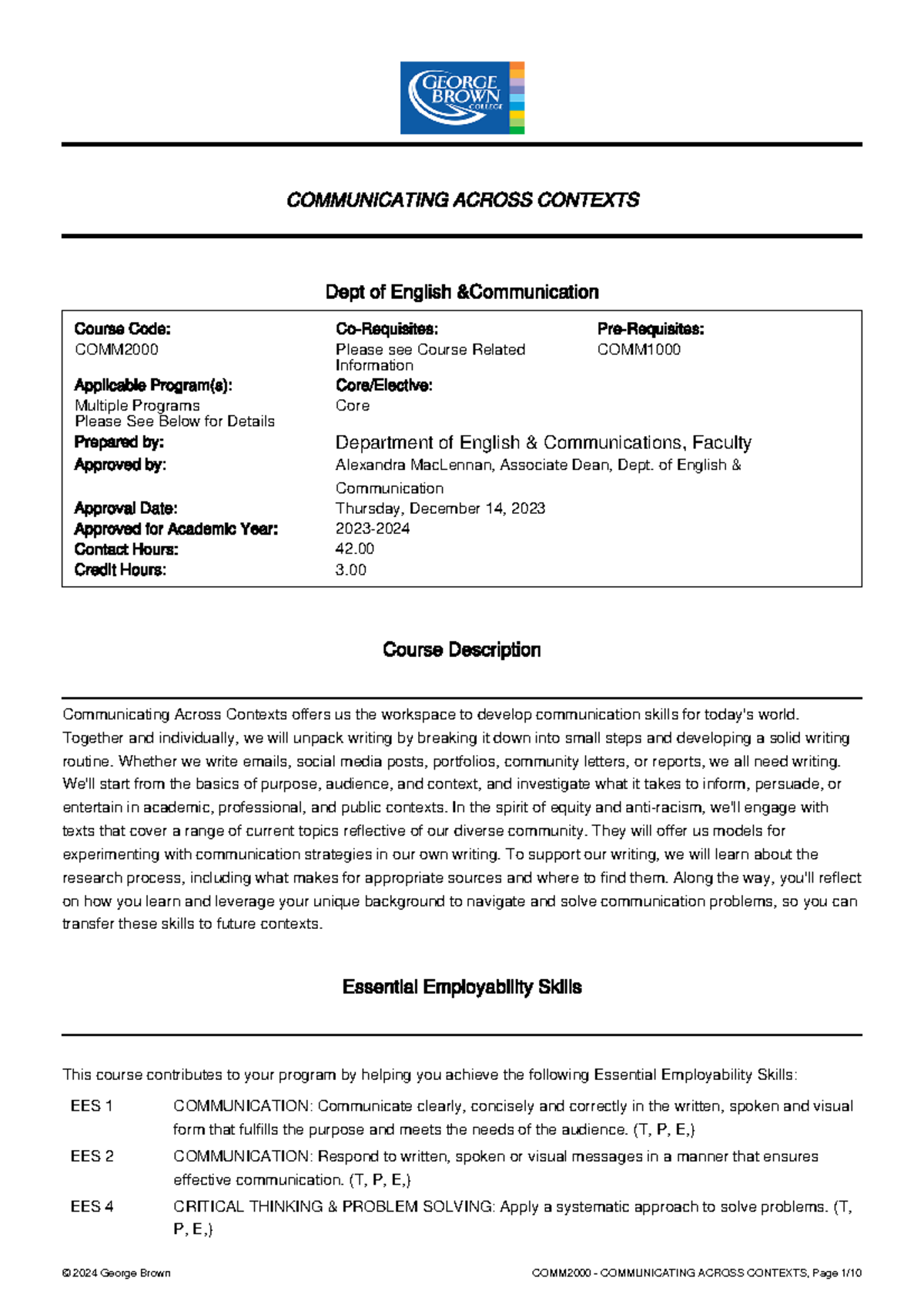 2023-2024 comm2000 Outline - Communicating Across Contexts offers us the workspace to develop ...