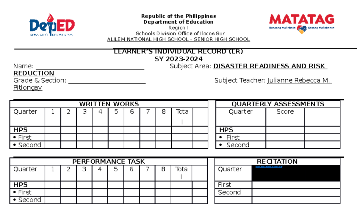 Individual Learner's Record (LR) - Republic of the Philippines ...