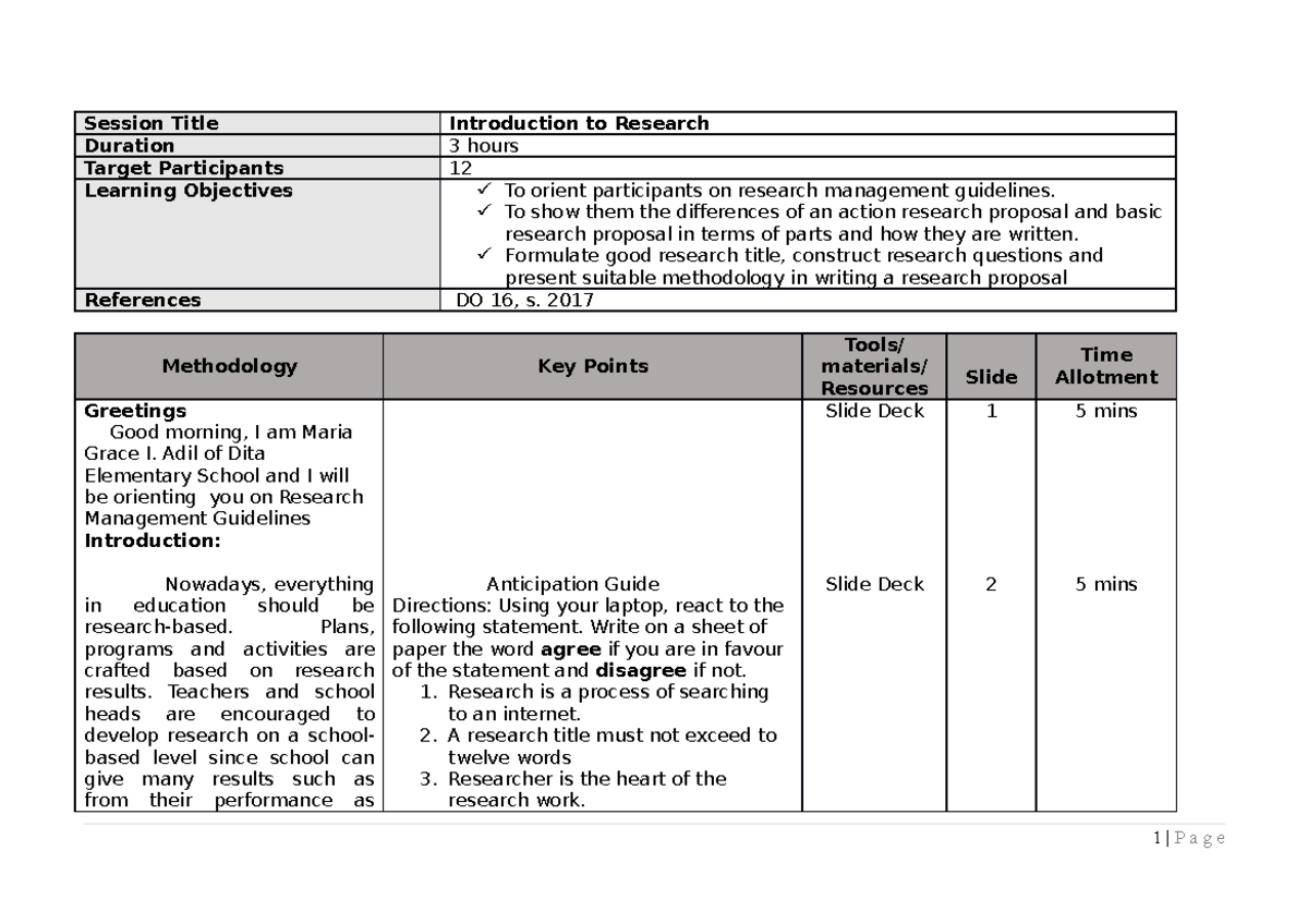 Introduction to Research Session-Guide - Session Title Introduction to ...