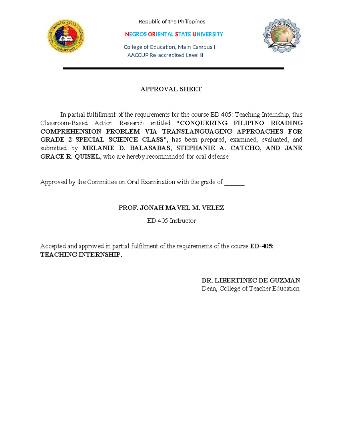 Approval- Sheet - Republic of the Philippines NEGROS ORIENTAL STATE ...