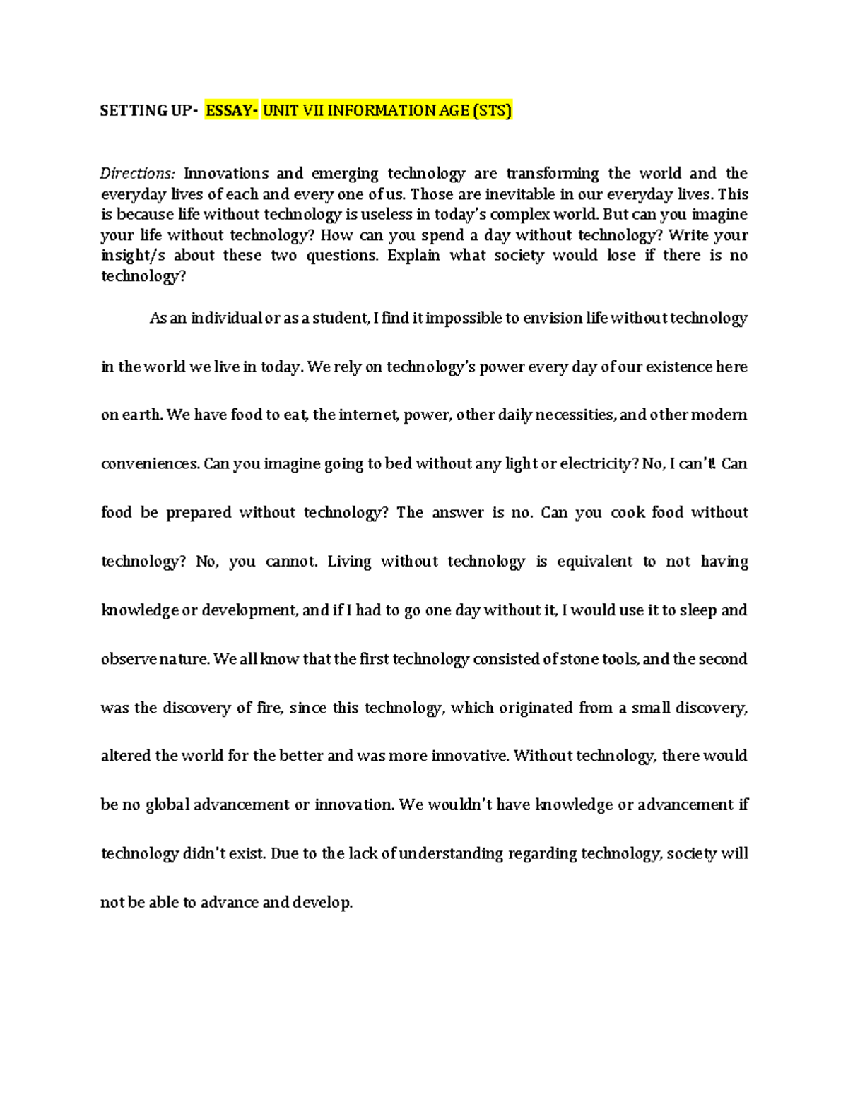 STS Information AGE Essay - SETTING UP- ESSAY- UNIT VII INFORMATION AGE ...