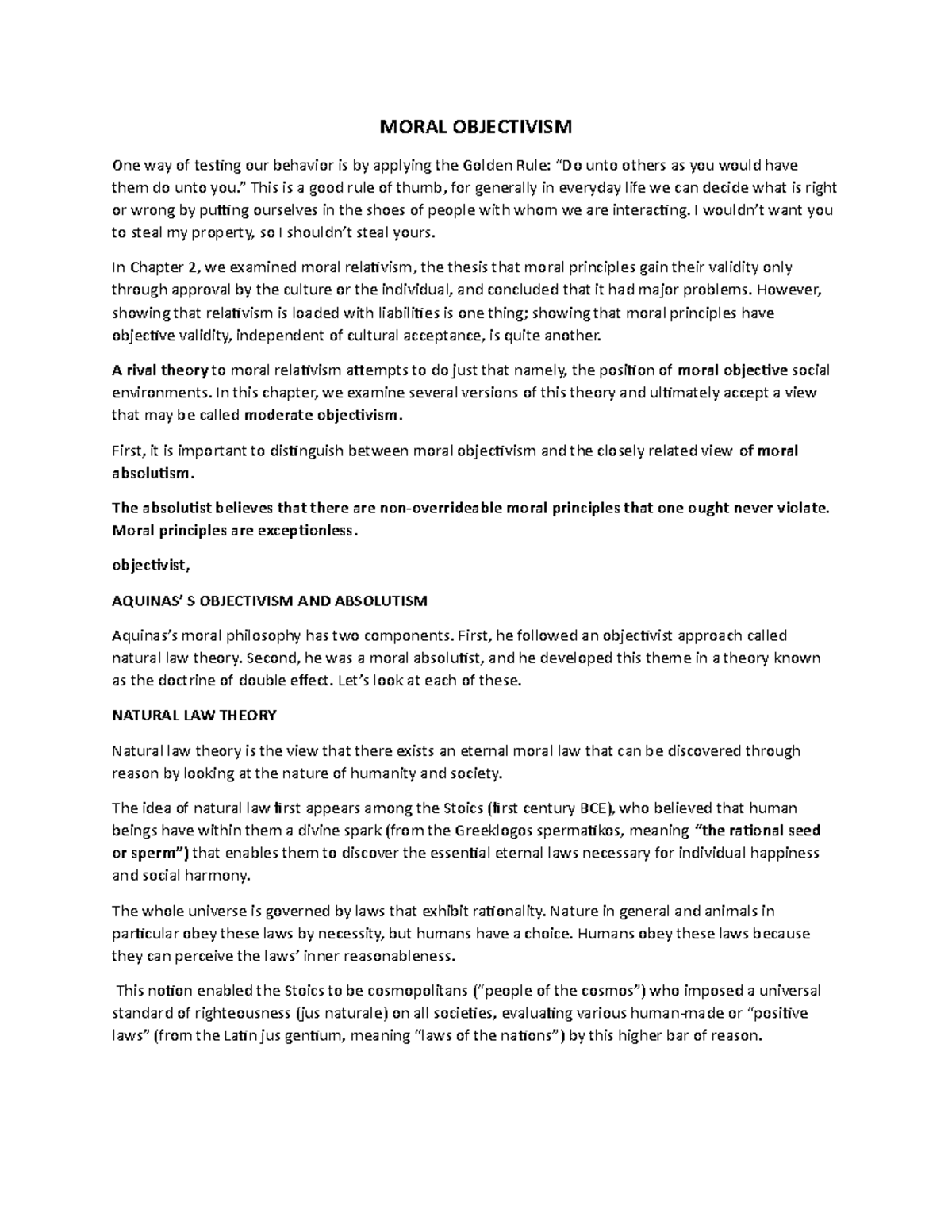 Lecture Notes About Moral Objectivism IN Ethics - MORAL OBJECTIVISM One ...