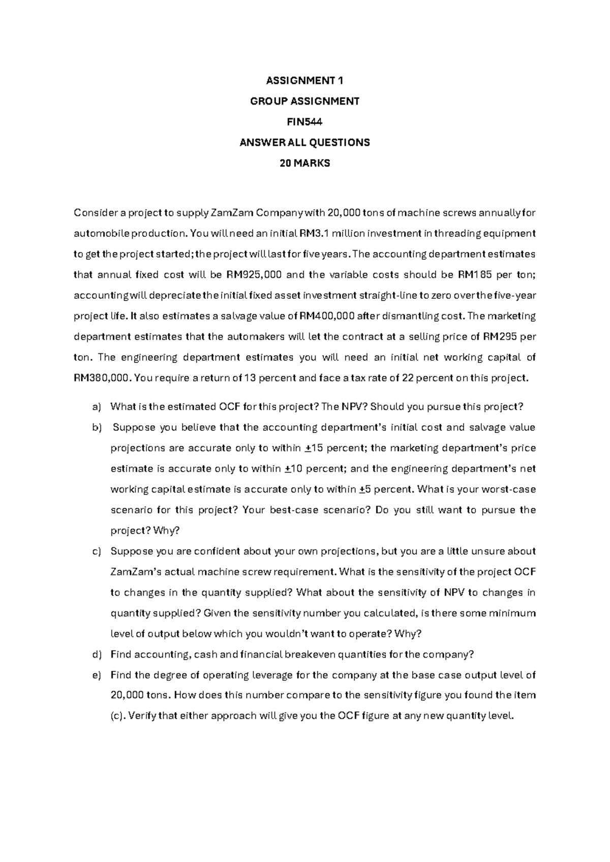 Assignment 1 - ASSIGNMENT 1 GROUP ASSIGNMENT FIN ANSWER ALL QUESTIONS ...