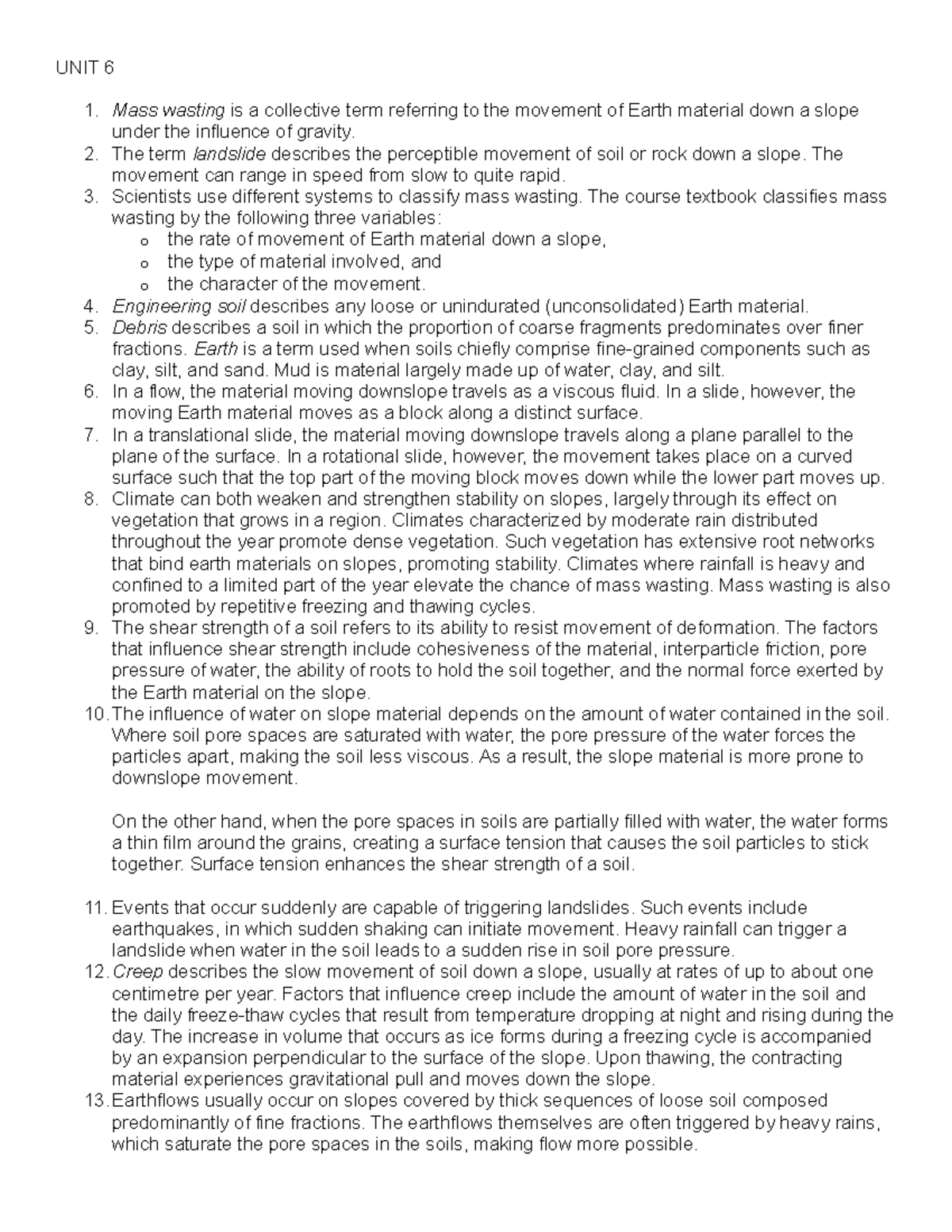 GEOL 200 unit 6 exercises and answer key - UNIT 6 Mass wasting is a ...