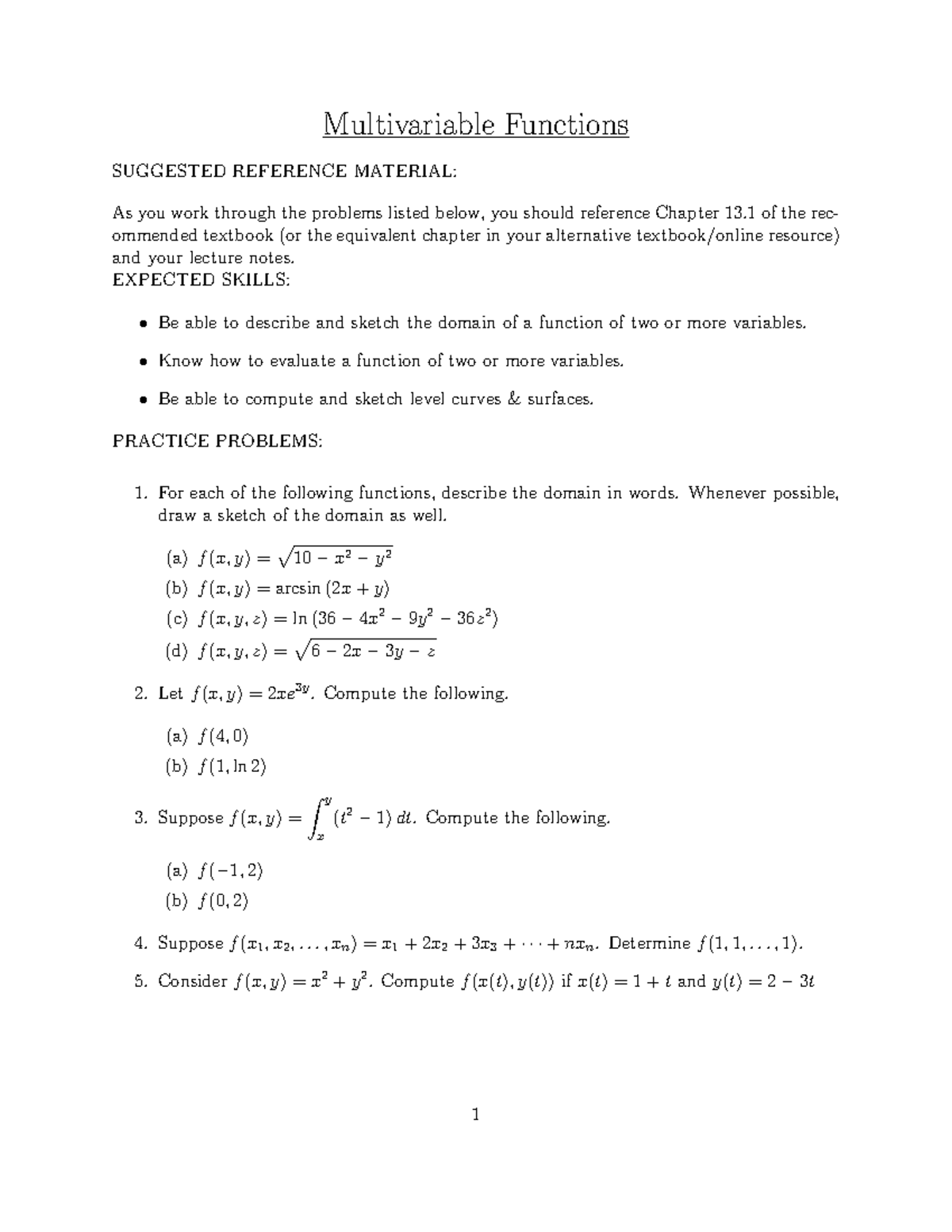 Homework 13 - Multivariable Functions SUGGESTED REFERENCE MATERIAL: As ...