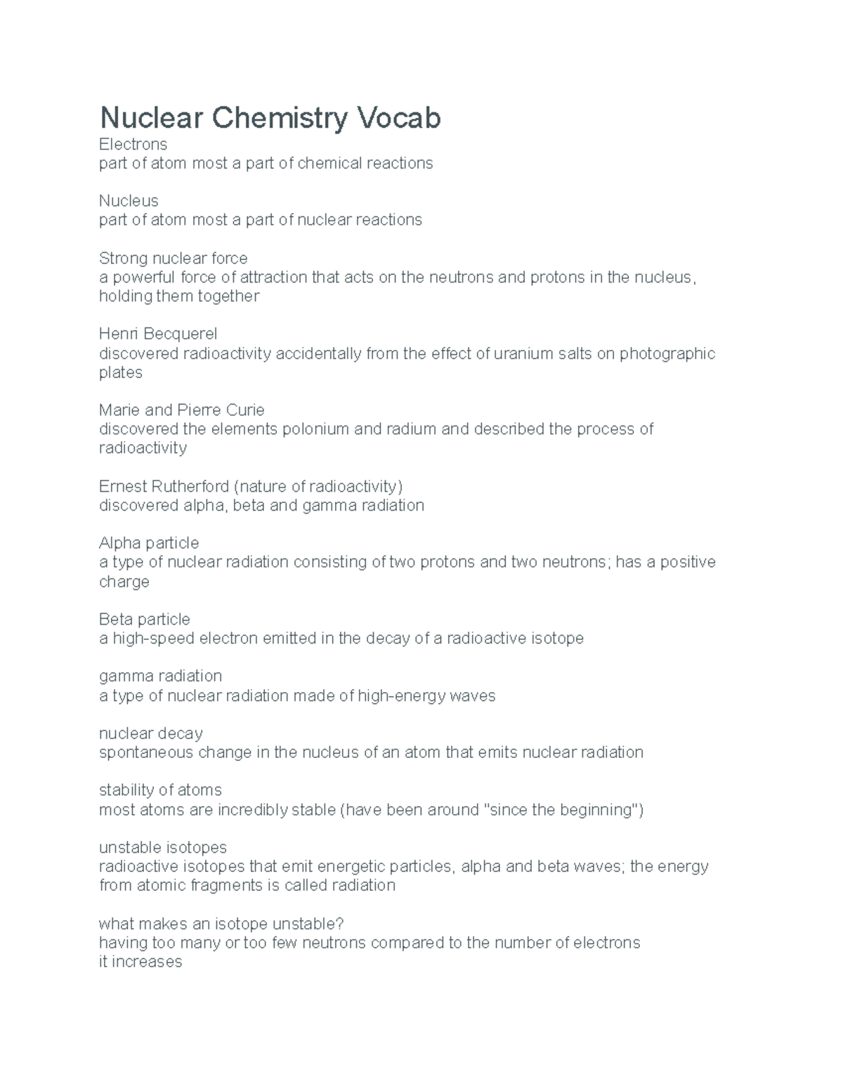 Nuclear Chem Vocab - Nuclear Chemistry Vocab Electrons part of atom ...