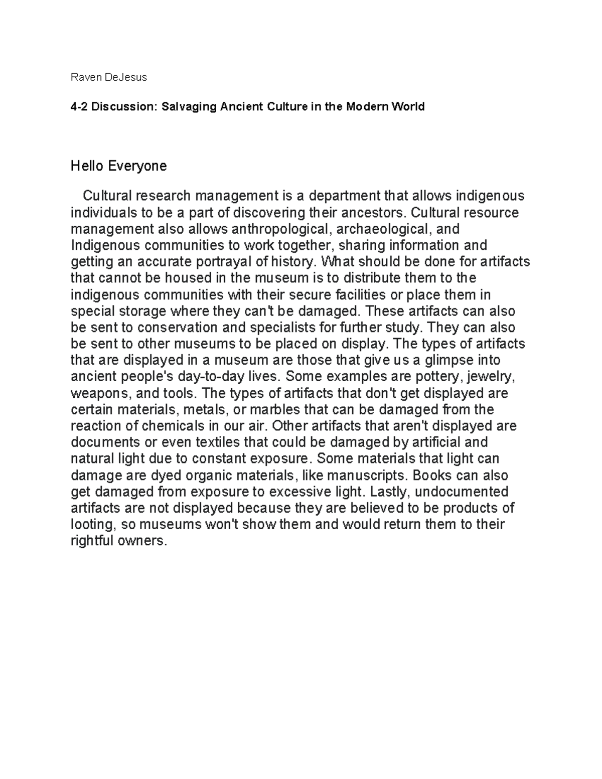4-2 Discussion Salvaging Ancient Culture in the Modern World - Raven ...