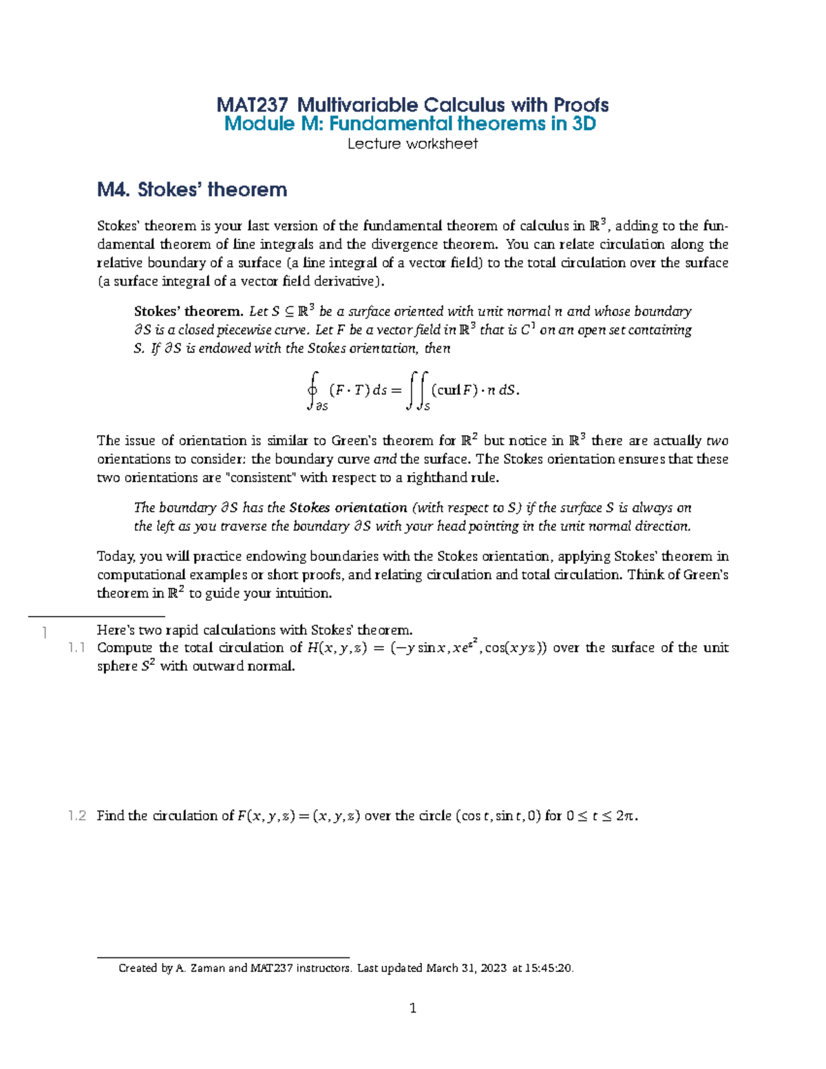 Mat237-m4-worksheet - Course material - MAT237 Multivariable Calculus ...