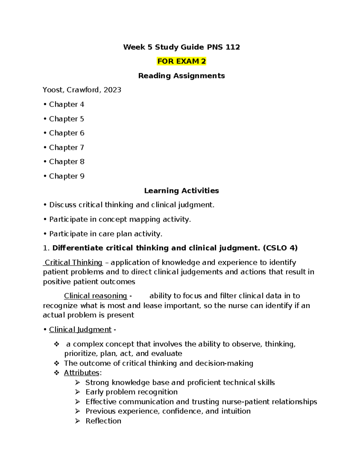 PNS 112 WEEK 5 Study Guide - Week 5 Study Guide PNS 112 FOR EXAM 2 ...