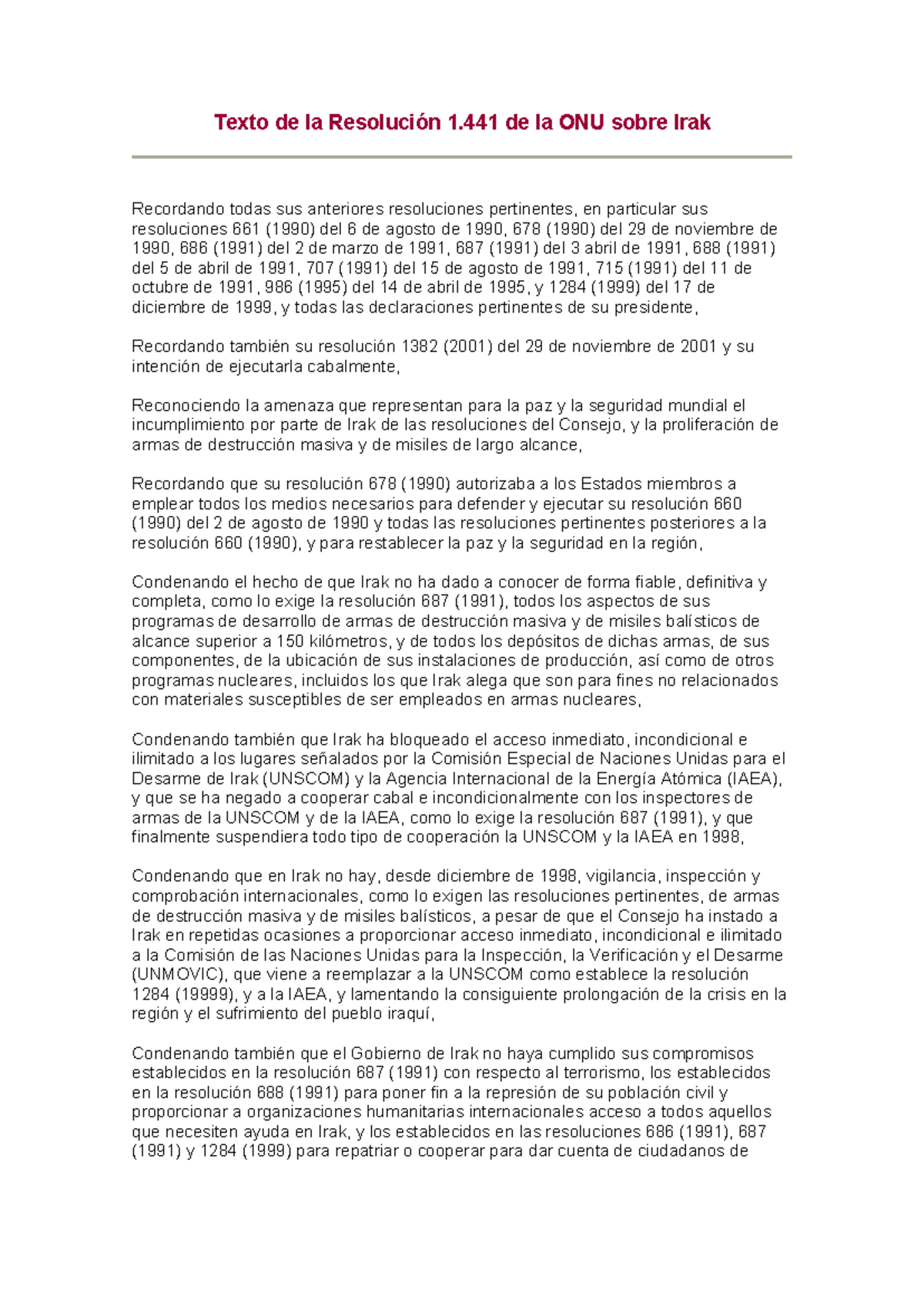 Texto de la Resolución 1441 -La seguridad de las instalaciones de la ...