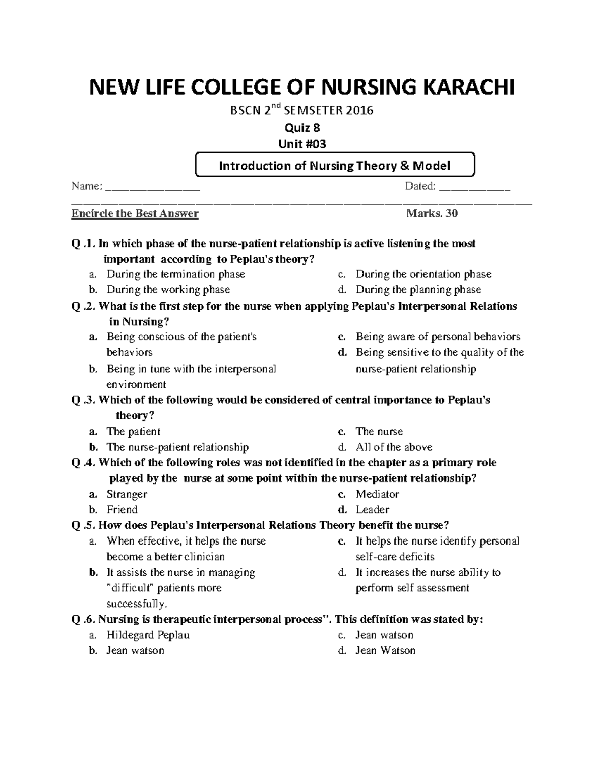 Quiz4 - Notes - NEW LIFE COLLEGE OF NURSING KARACHI BSCN 2 nd SEMSETER ...