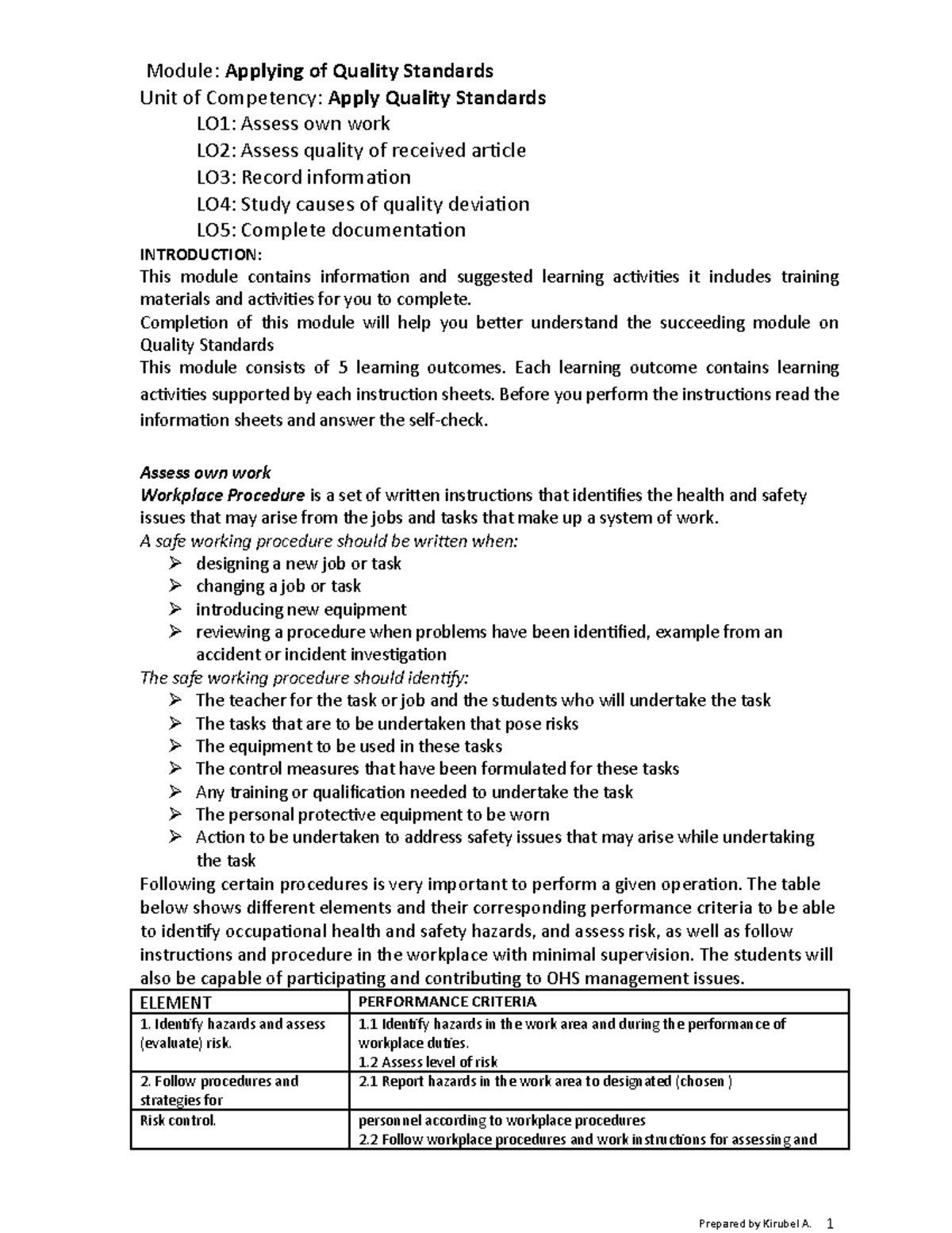 Apply quality standard - Module: Applying of Quality Standards Unit of ...