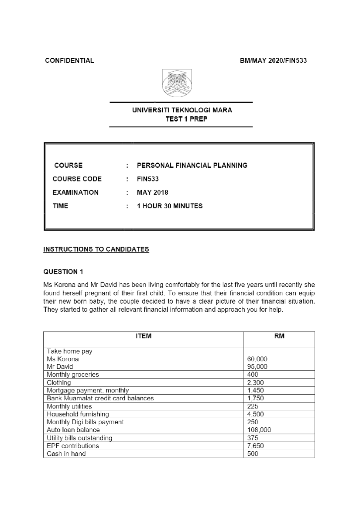 Fin533 may2018 answer - Personal Financial Planning - Studocu