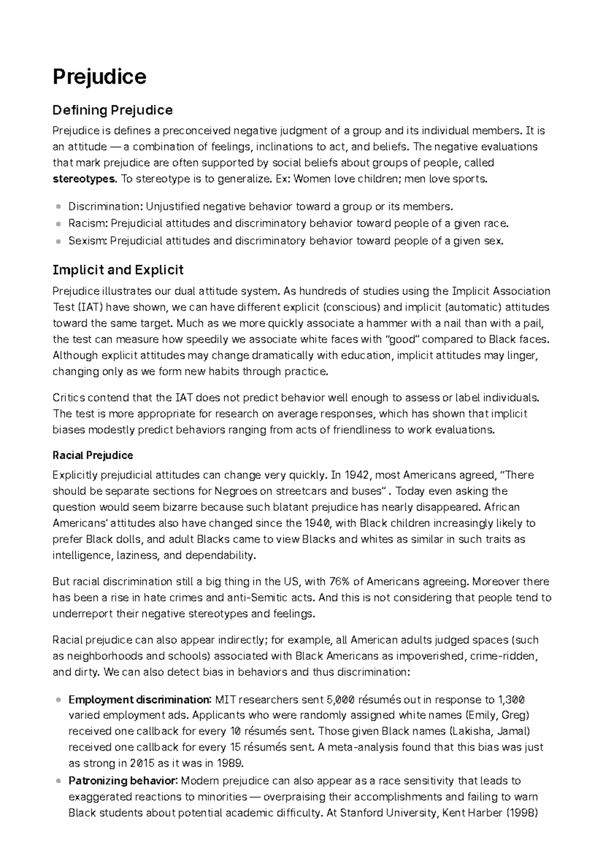 Prejudice Notes - Social Psychology - Prejudice Defining Prejudice ...