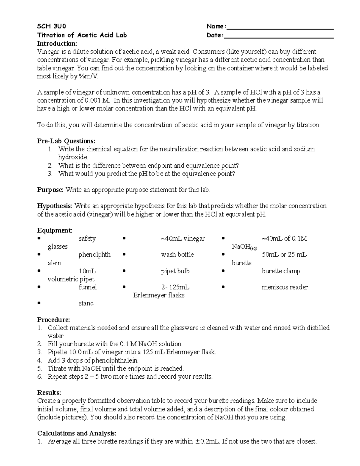 Lab - titration of acetic acid 2022b - SCH 3U0Name: Titration of Acetic ...