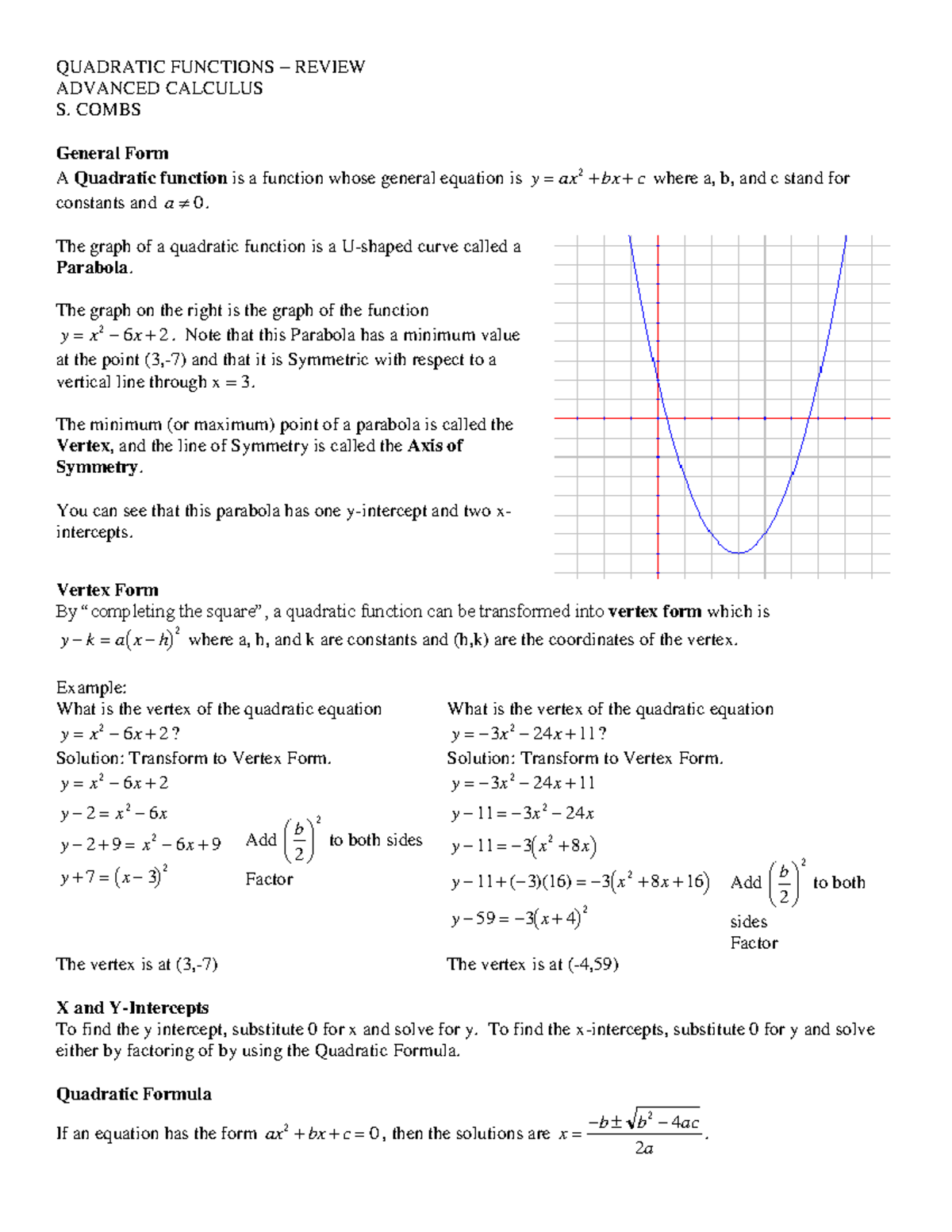 CA Quadratic Functions - QUADRATIC FUNCTIONS – REVIEW ADVANCED CALCULUS ...
