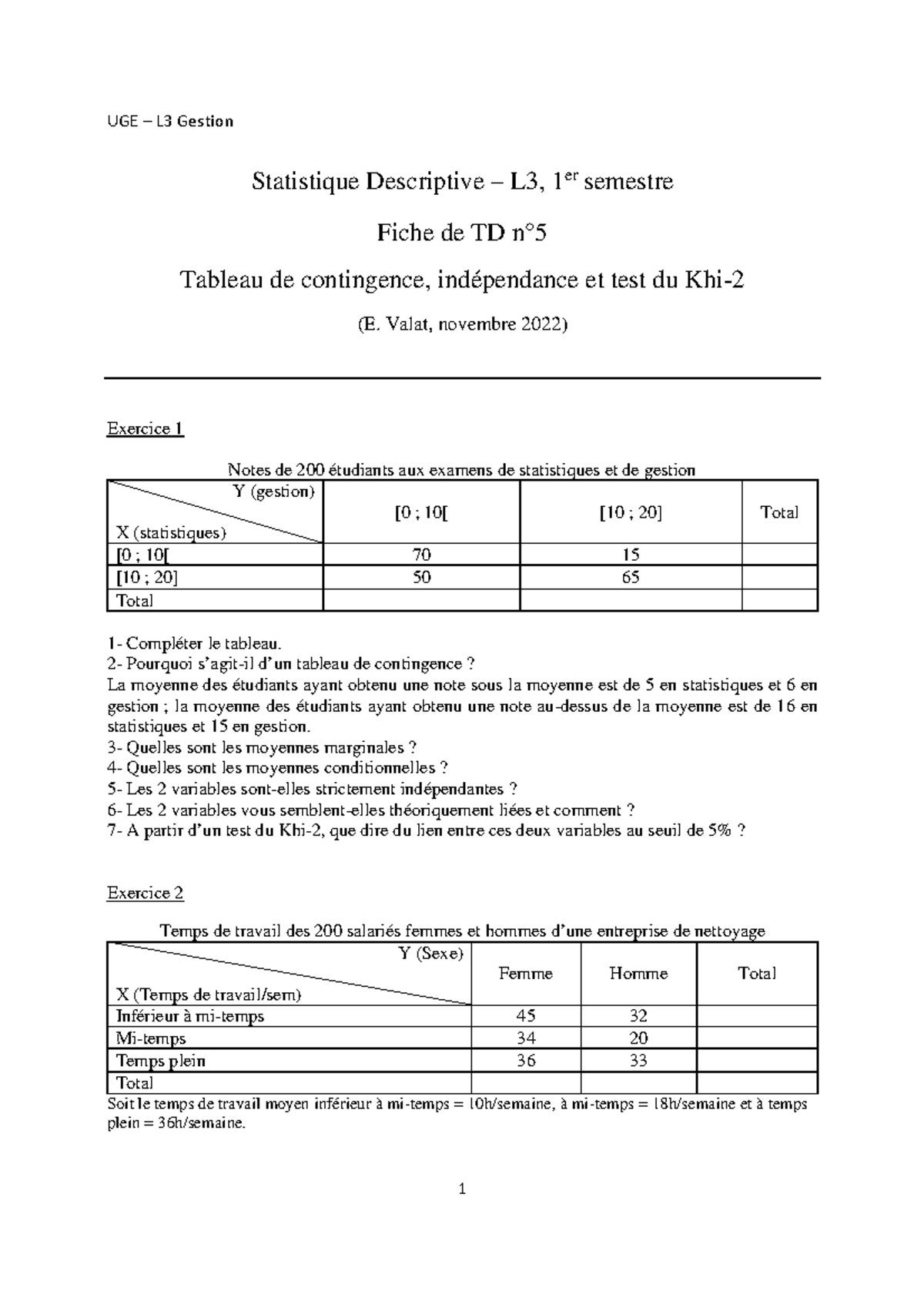 TD-5 - UGE – L3 Gestion 1 Statistique Descriptive – L3, 1er semestre Fiche de TD n° Tableau de ...