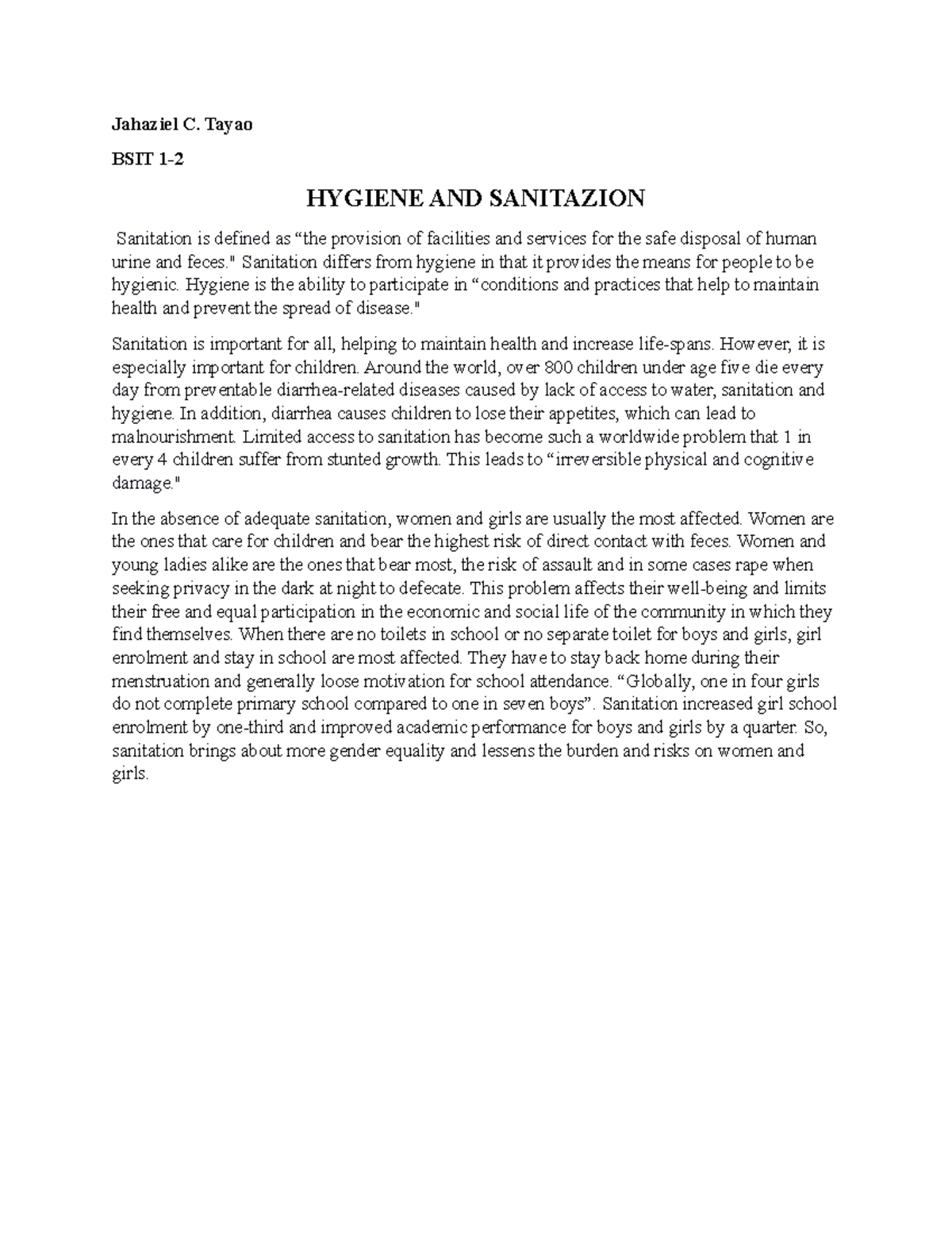 Hygiene - Lecture notes 1 - Jahaziel C. Tayao BSIT 1- HYGIENE AND ...