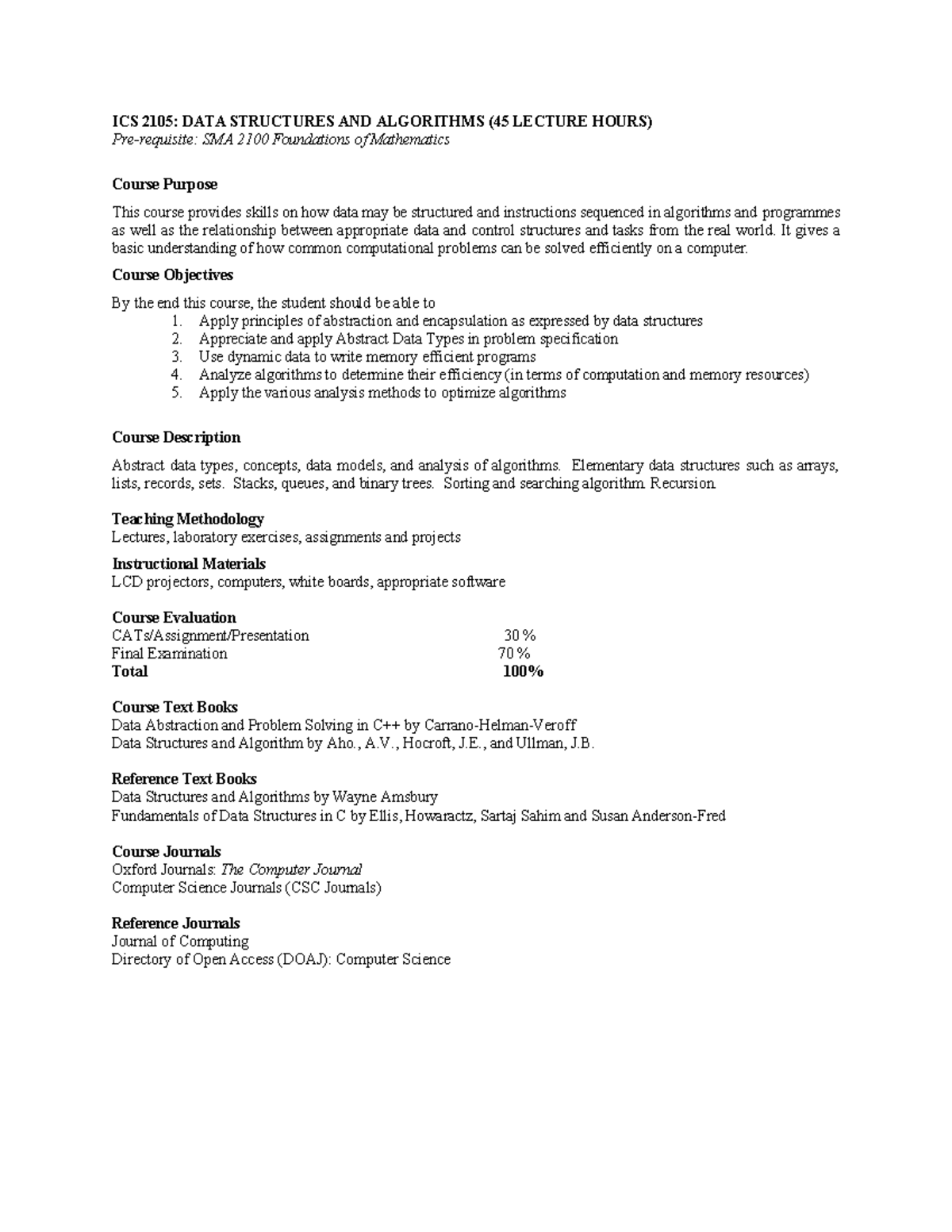 Data structures and algorithm - ICS 2105: DATA STRUCTURES AND ALGORITHMS (45 LECTURE HOURS ...