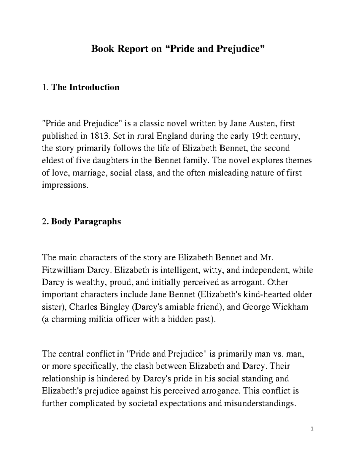 A Standard Book Report Format - 1 Book Report on “Pride and Prejudice ...