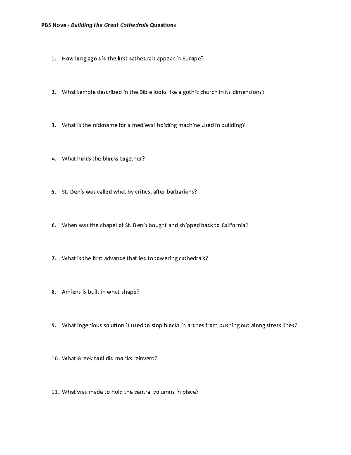 Worksheet - Gothic - Building the Great Cathedrals Questions 1 - PBS ...
