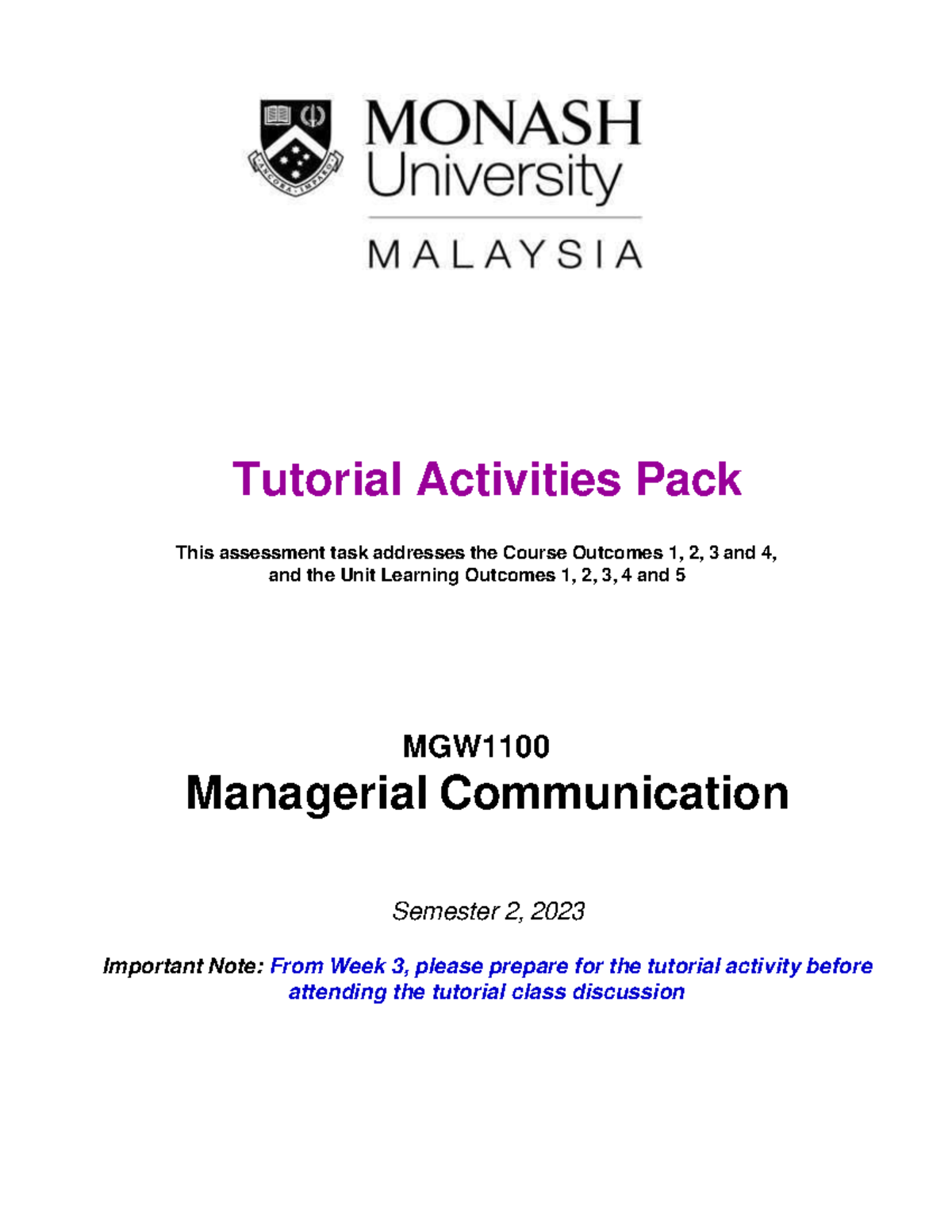 MGW1100 Tutorial Activities Pack Sem 2 2023 - Tutorial Activities Pack ...