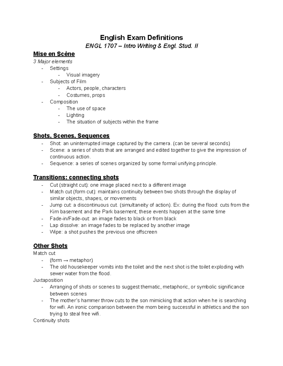 English Exam Definitions - Stud. II Mise en Scène 3 Major elements ...