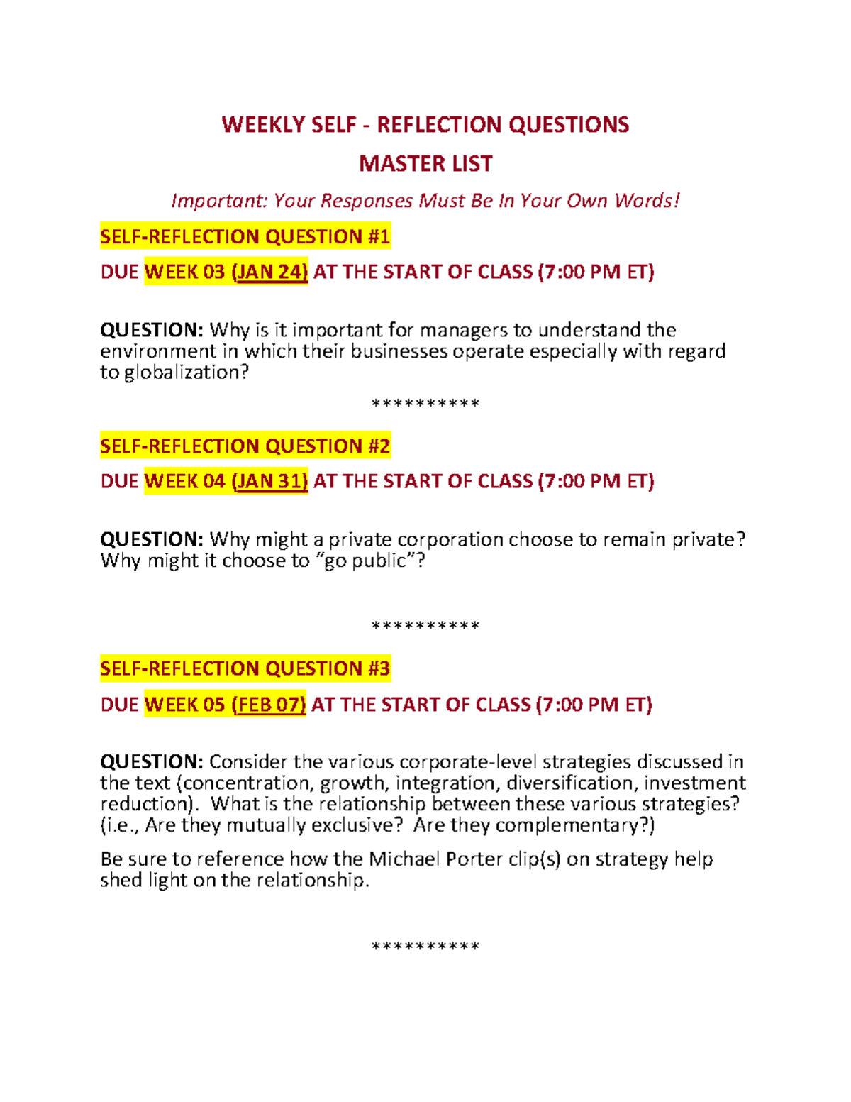 Self-Reflection Questions Master LIST - WEEKLY SELF - REFLECTION ...