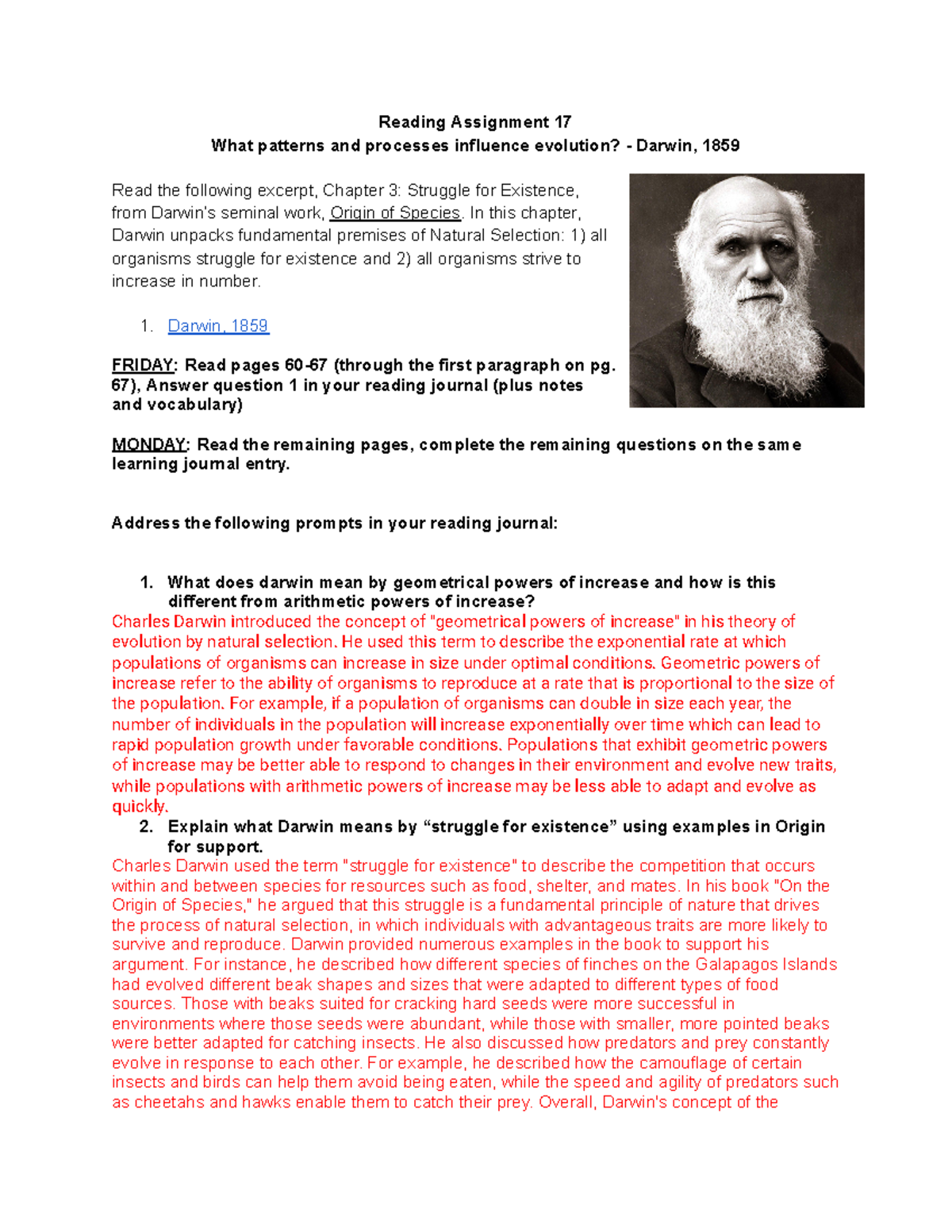 Reading Assignment 17 Evolution Darwin 1859 Ch3 - Reading Assignment 17 ...