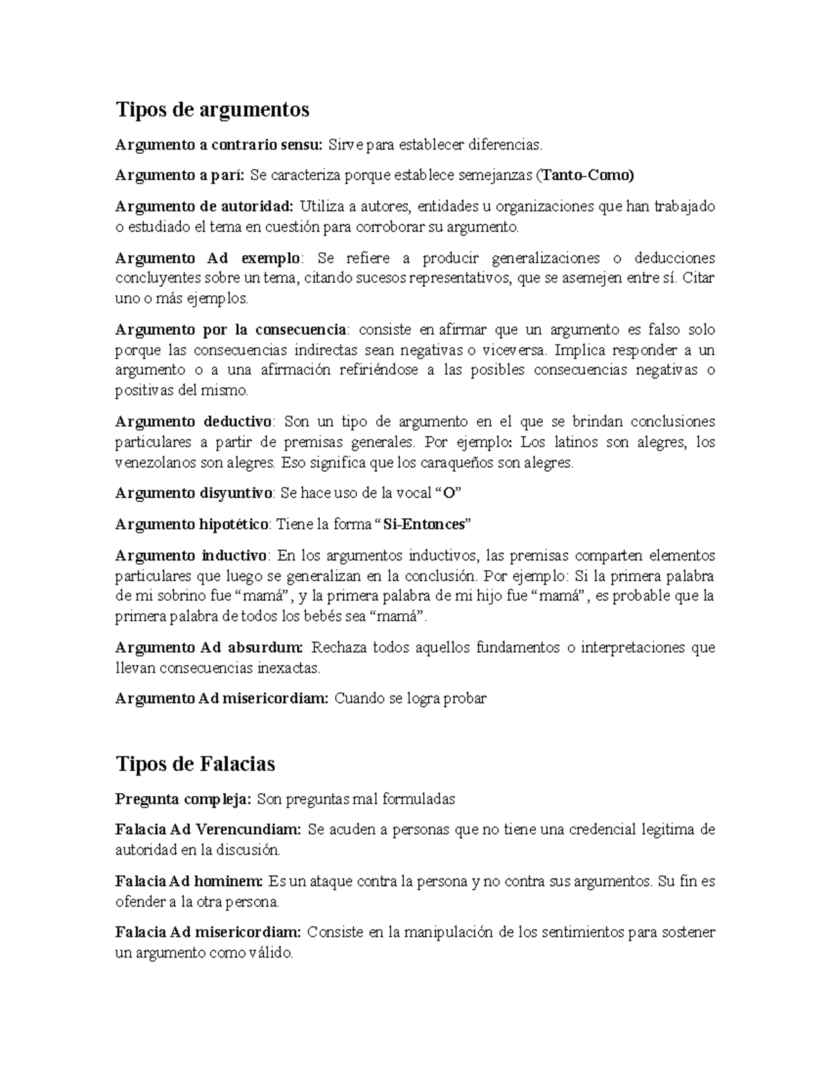 Tipos de argumentos y falacias - Tipos de argumentos Argumento a ...