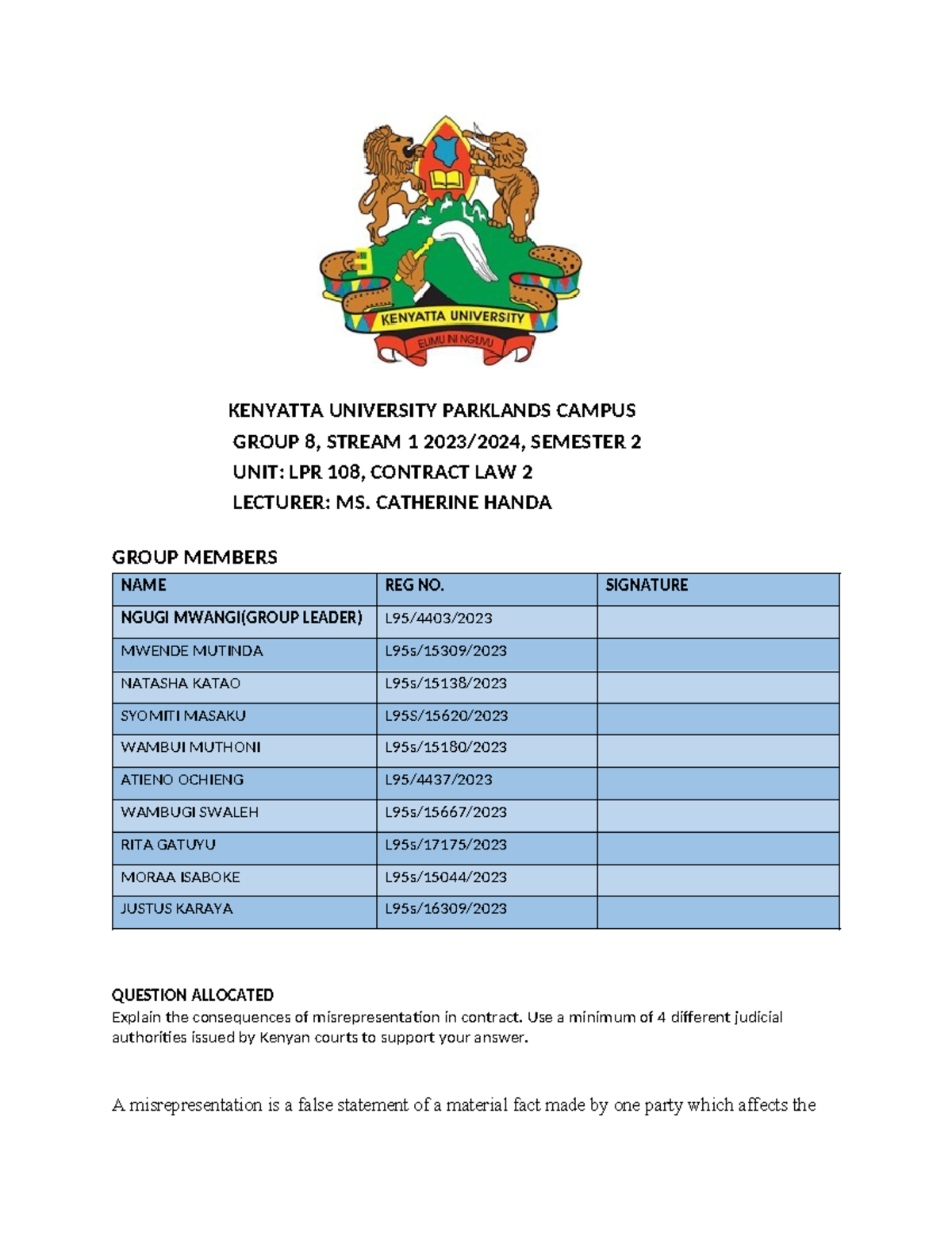 Contract law 2 - KENYATTA UNIVERSITY PARKLANDS CAMPUS GROUP 8, STREAM 1 2023/2024, SEMESTER 2 ...