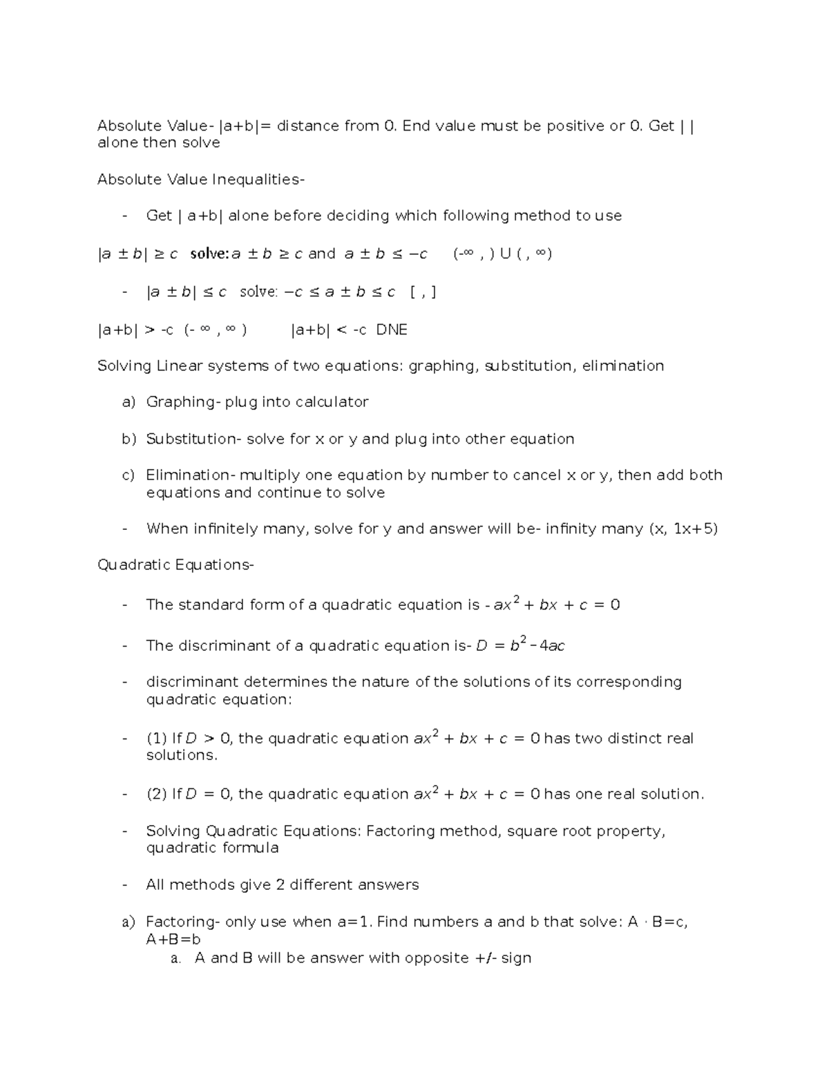 College Algebra Formula Sheet - Absolute Value- |a+b|= distance from 0 ...