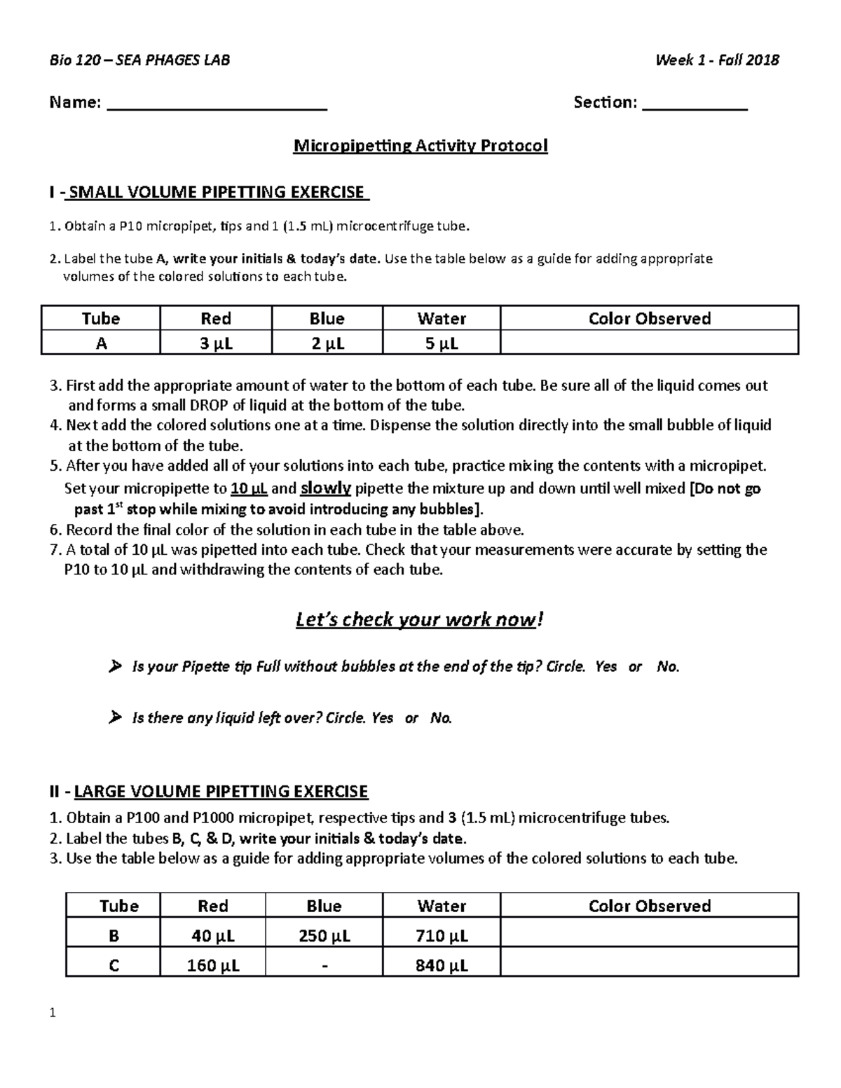 Week 1 - Pipetting Protocol for Students - Fall 2018 - Bio 120 – SEA ...