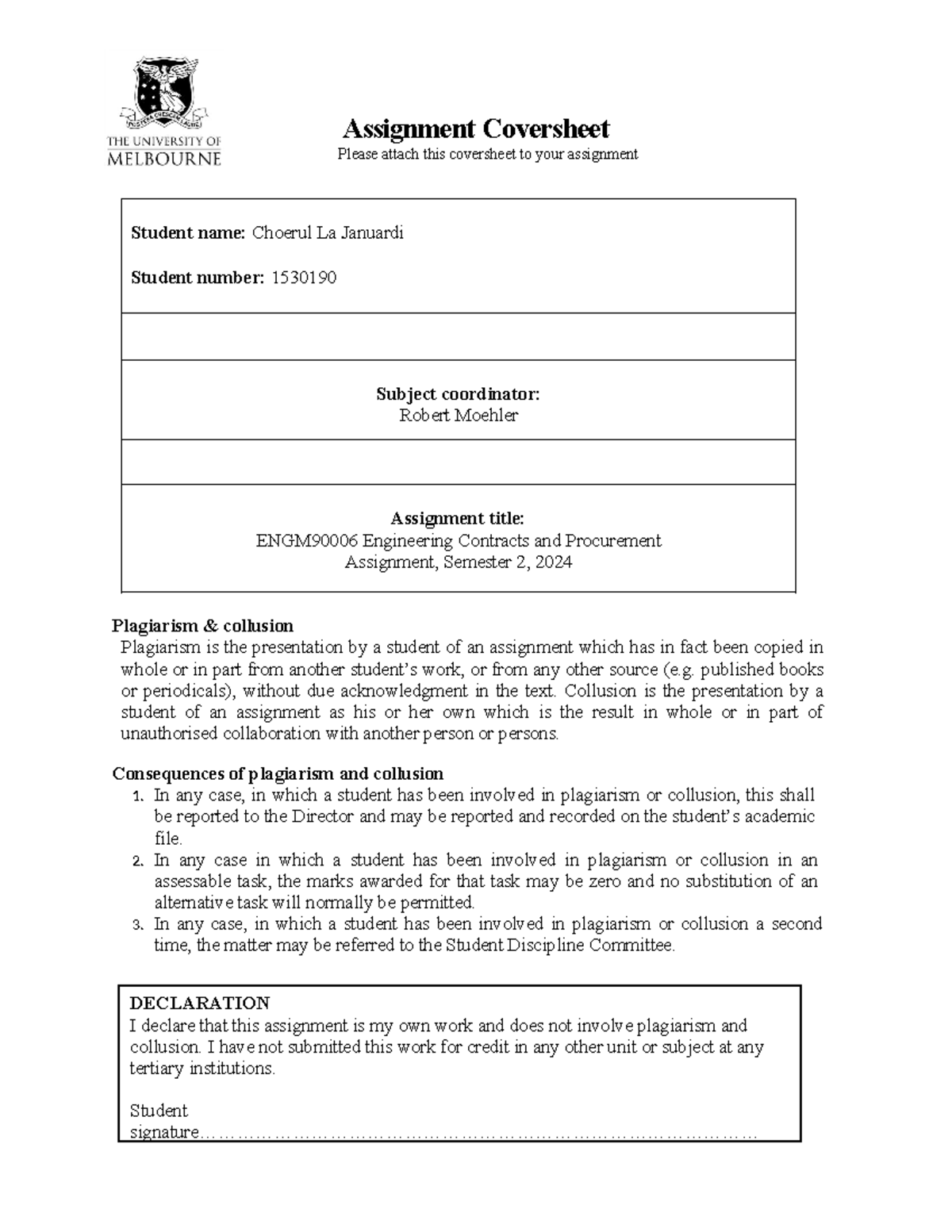 Draft Individual Assignment - Assignment Coversheet Please attach this ...