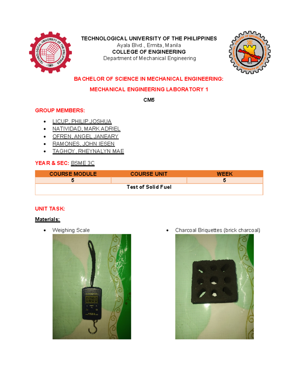 CM5 ME LAB1 BSME 3C - Test of Solid Fuel - TECHNOLOGICAL UNIVERSITY OF ...
