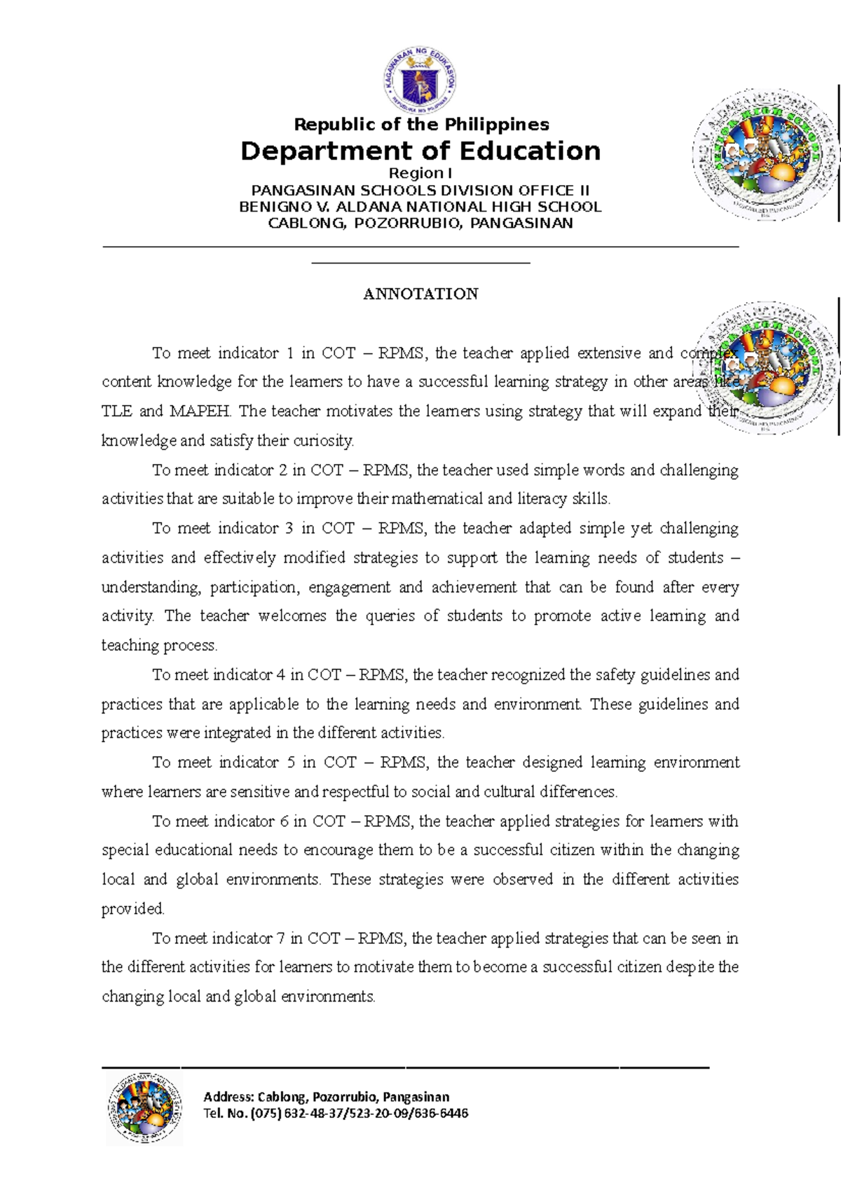 Annotation cot1 - Republic of the Philippines Department of Education ...