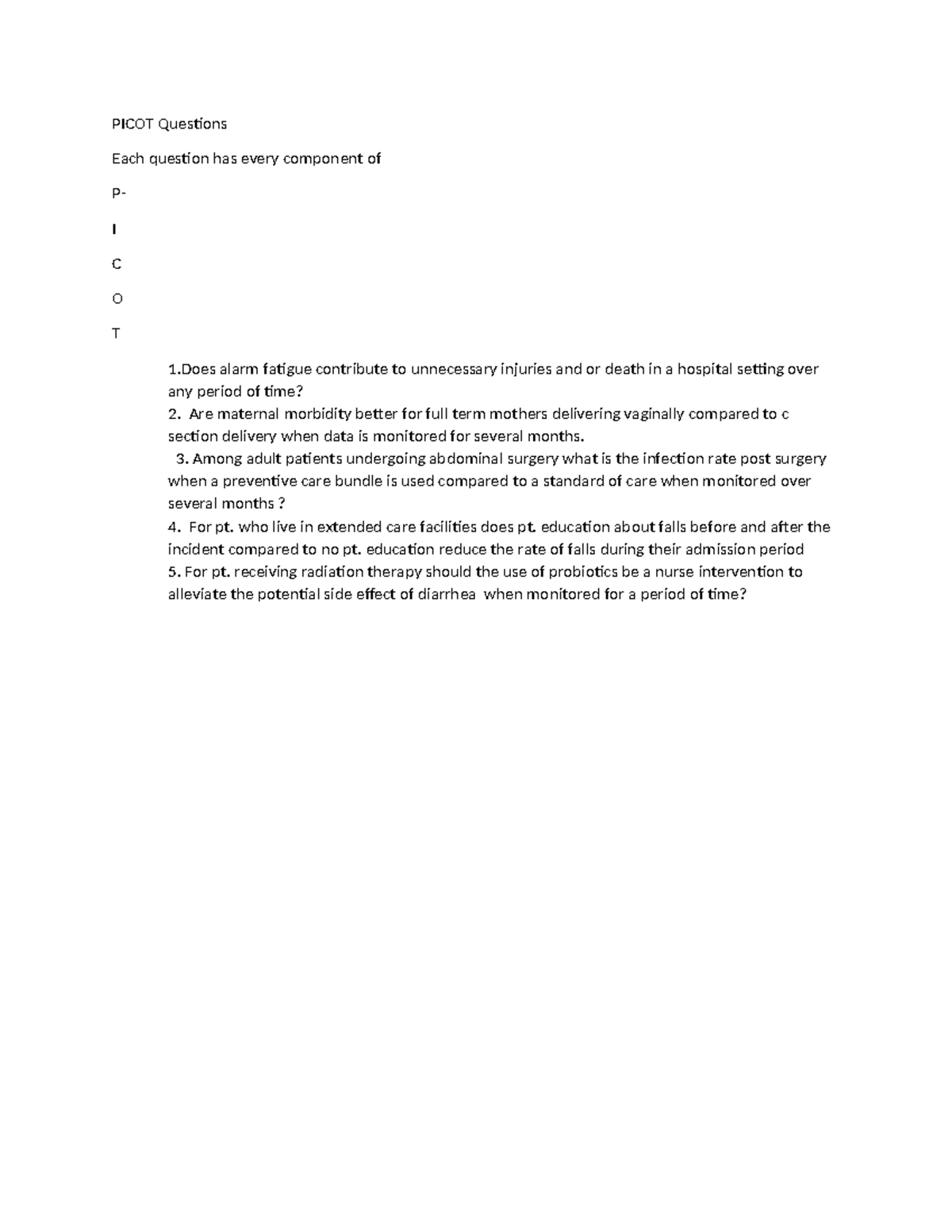 Picot Questions - all gerontology work from the entire semester - PICOT ...