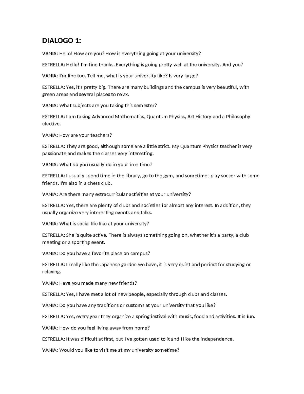 Dialogo 1 Semana 9 - dkdskdslds - DIALOGO 1: VANIA: Hello! How are you? How is everything going ...