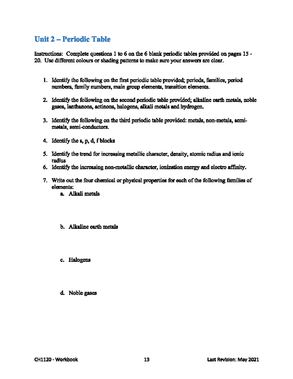 Workbook - Unit 2 - Periodic Table Questions - CH1120 - Studocu