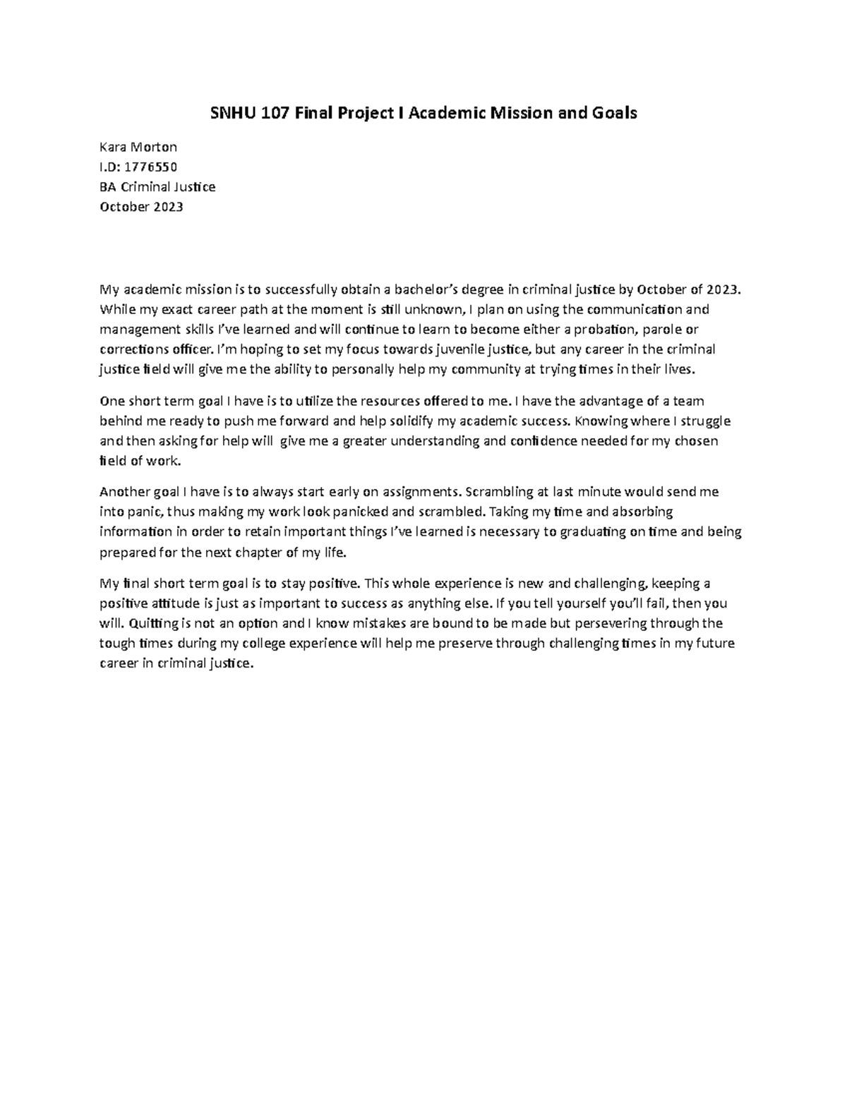 5-Mission statement - SNHU 107 Final Project I Academic Mission and ...