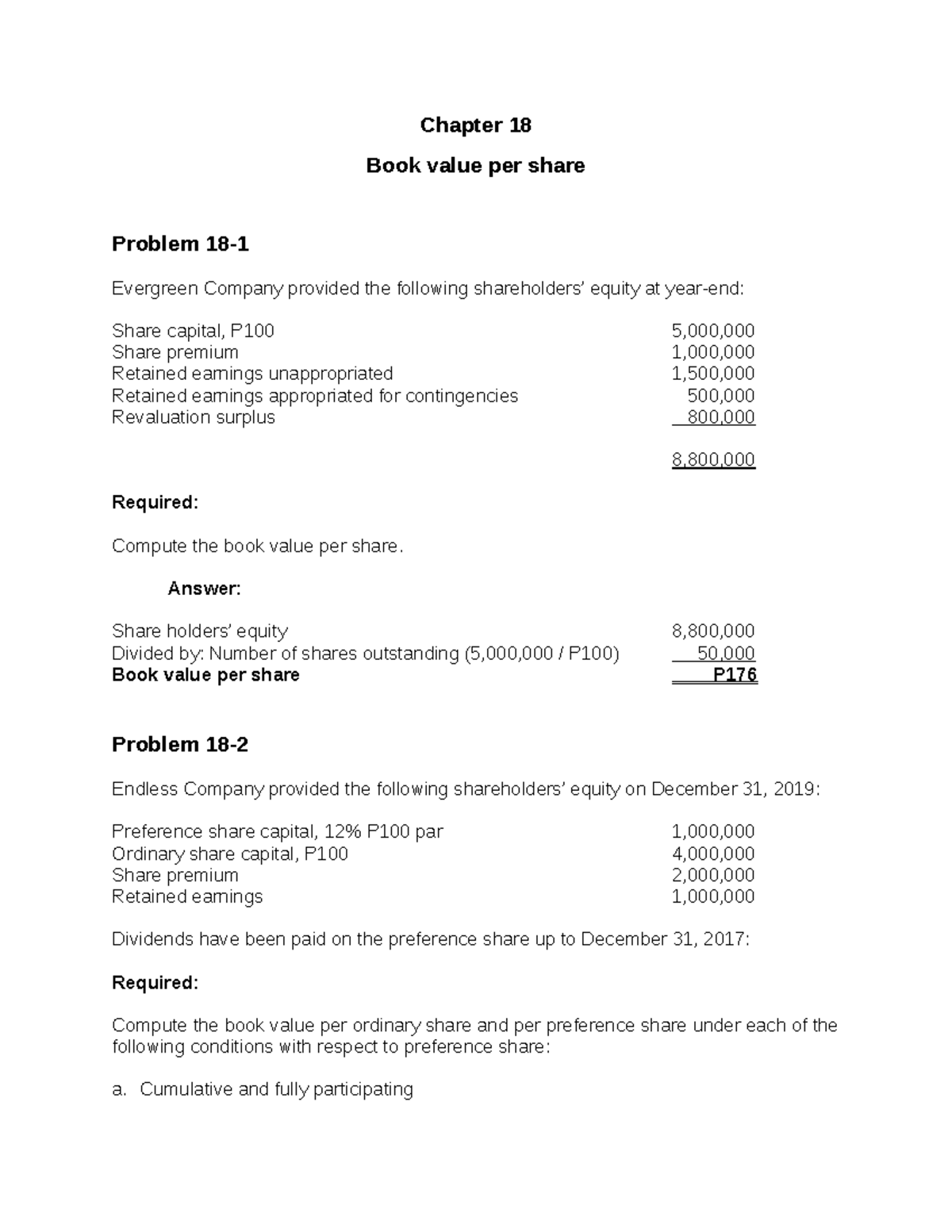Chapter 18 - Notes - Chapter 18 Book value per share Problem 18 ...