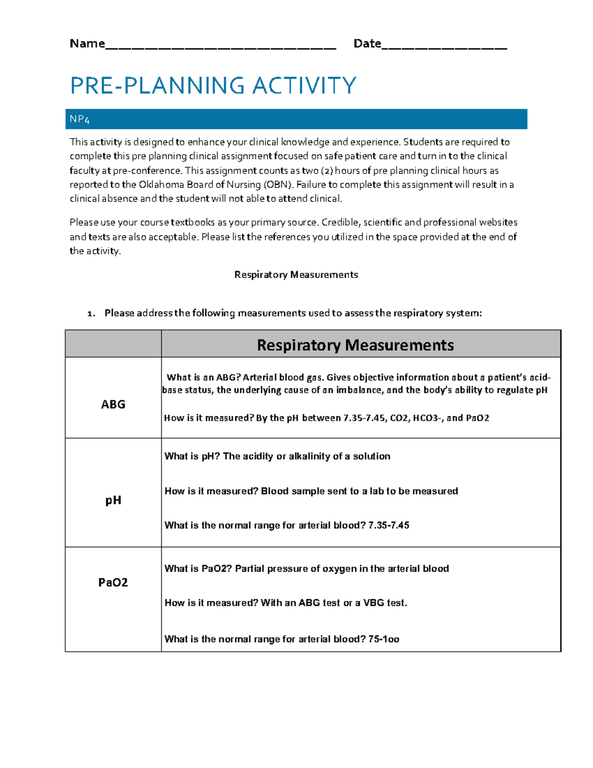 Pre Plan NP4 Resp Measurement - Name ...