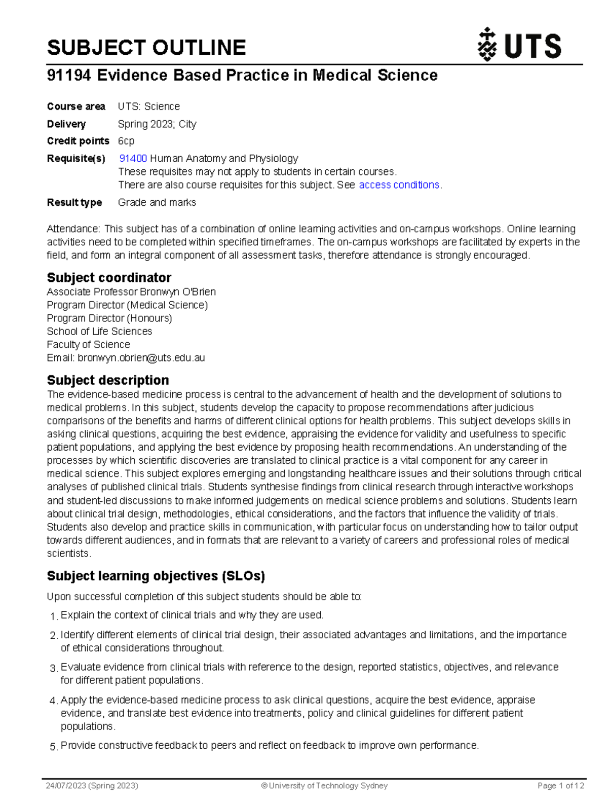 91194 2023 Subject Outline - SUBJECT OUTLINE 91194 Evidence Based ...